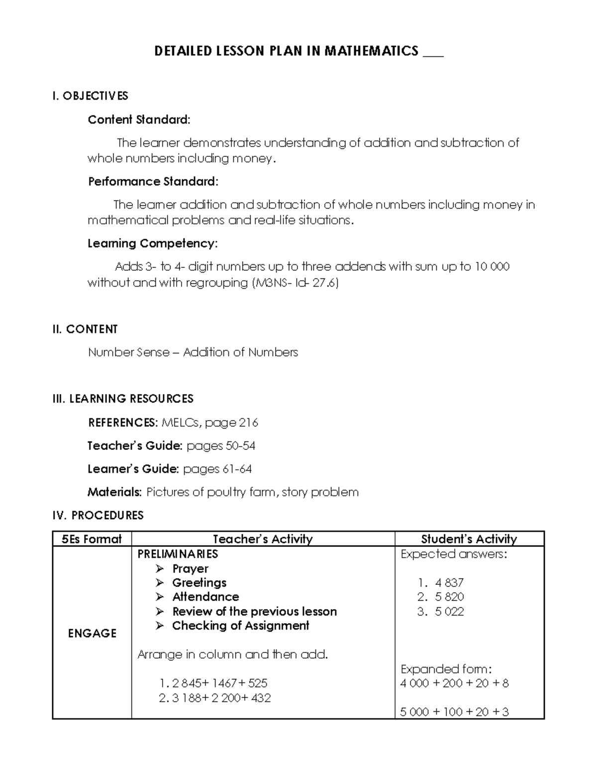 5Es-Mathematics Lesson Plan for Addition & Subtraction Techniques - Studocu