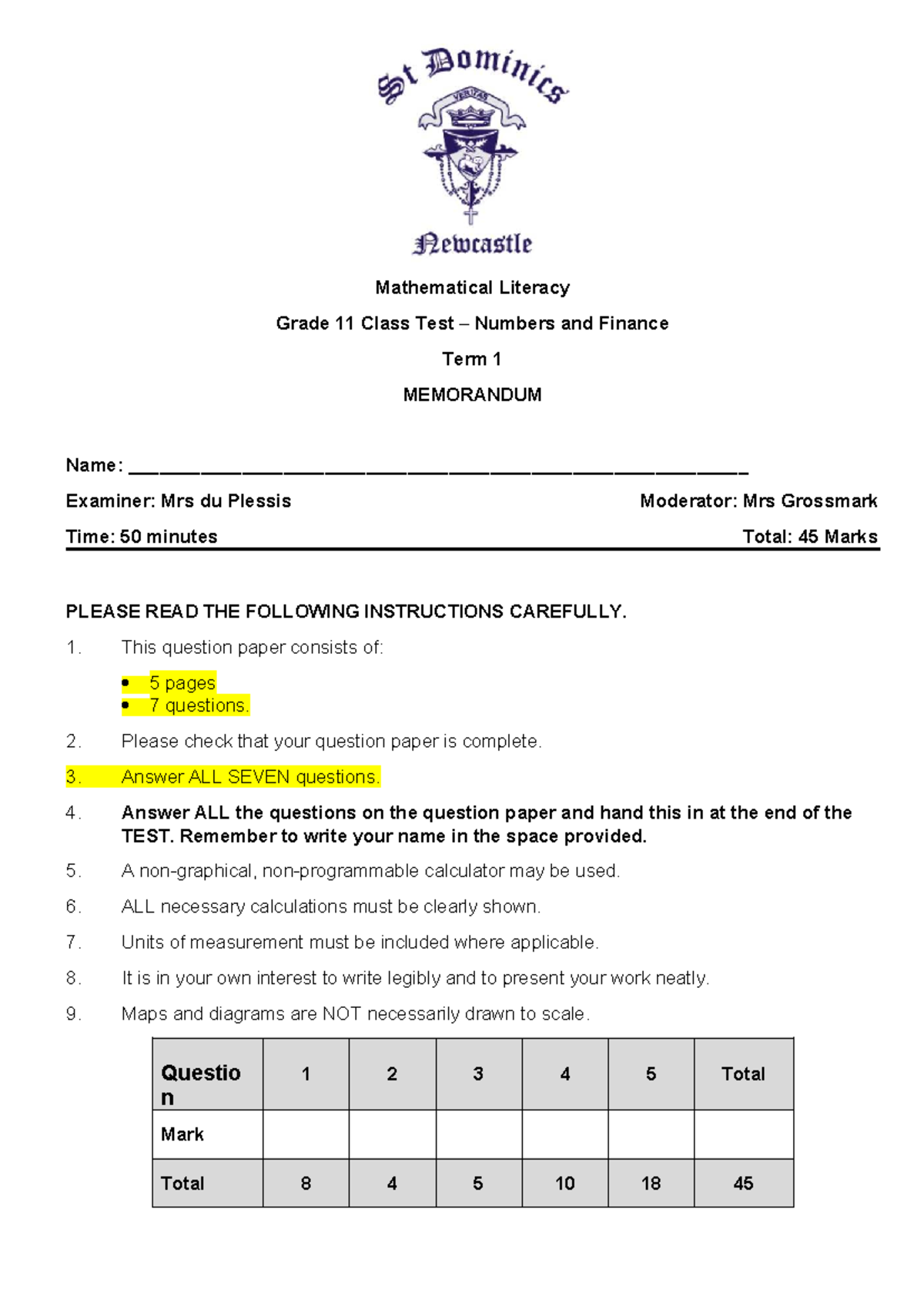 T1 Gr11 Math Literacy Class Test: Numbers & Finance Term 1 MEMO - Studocu
