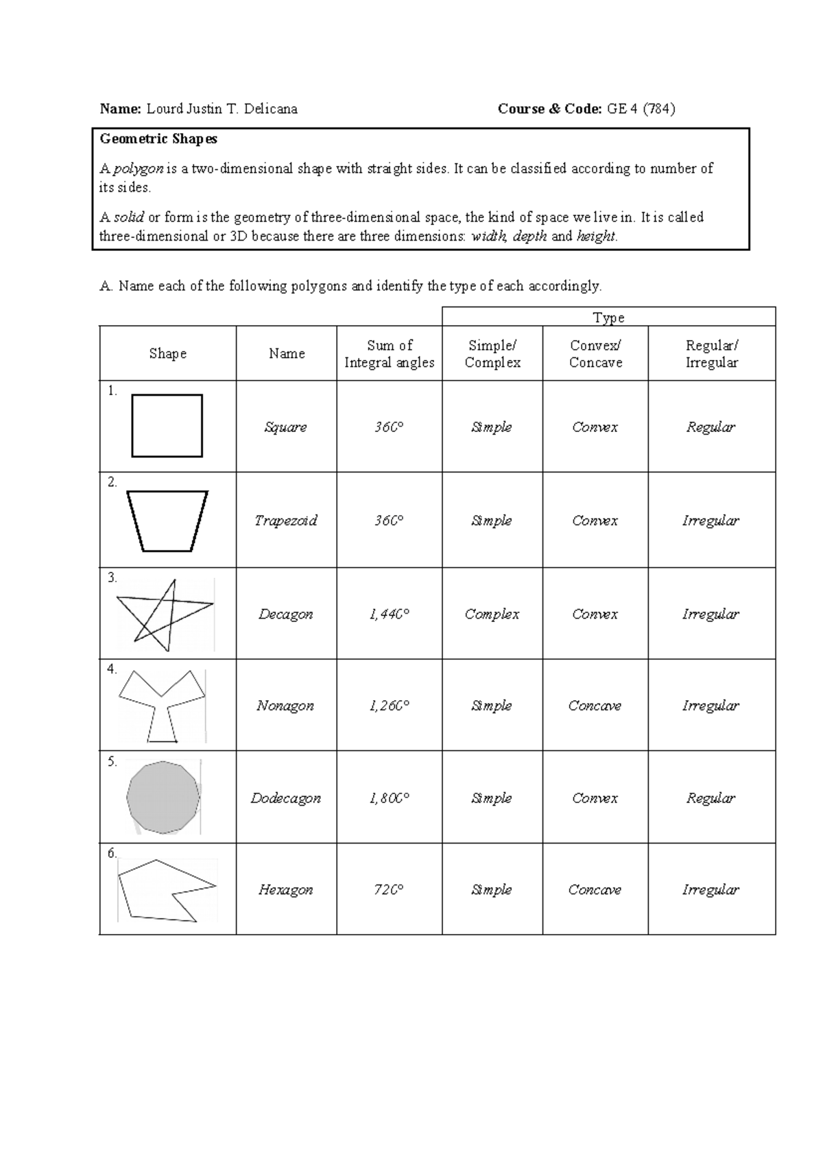 GE 4 - Geometry Practice Set: Polygons and Symmetry Classifications ...
