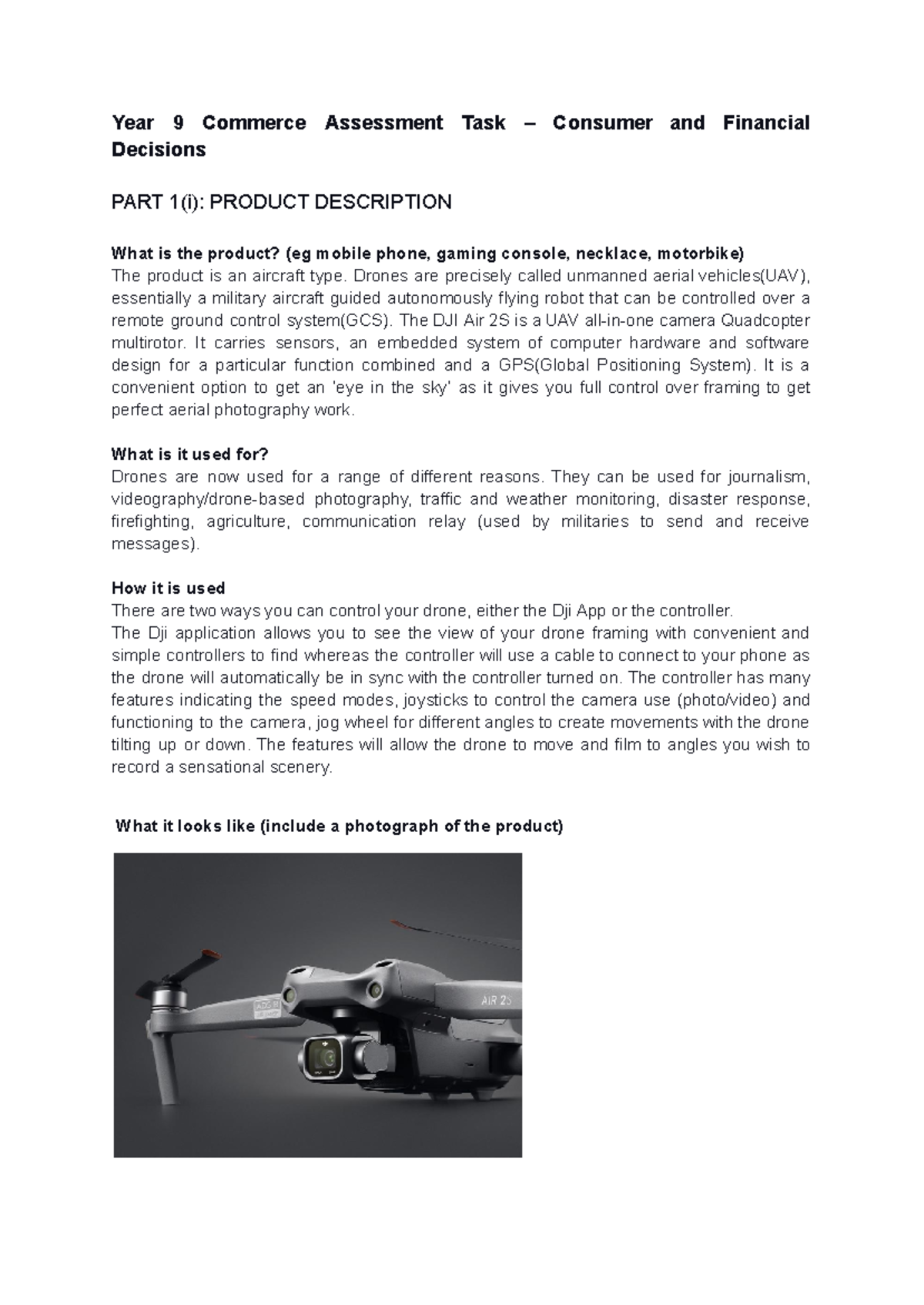 Commerce Task 1 Drone - Product report - Year 9 Commerce Assessment ...