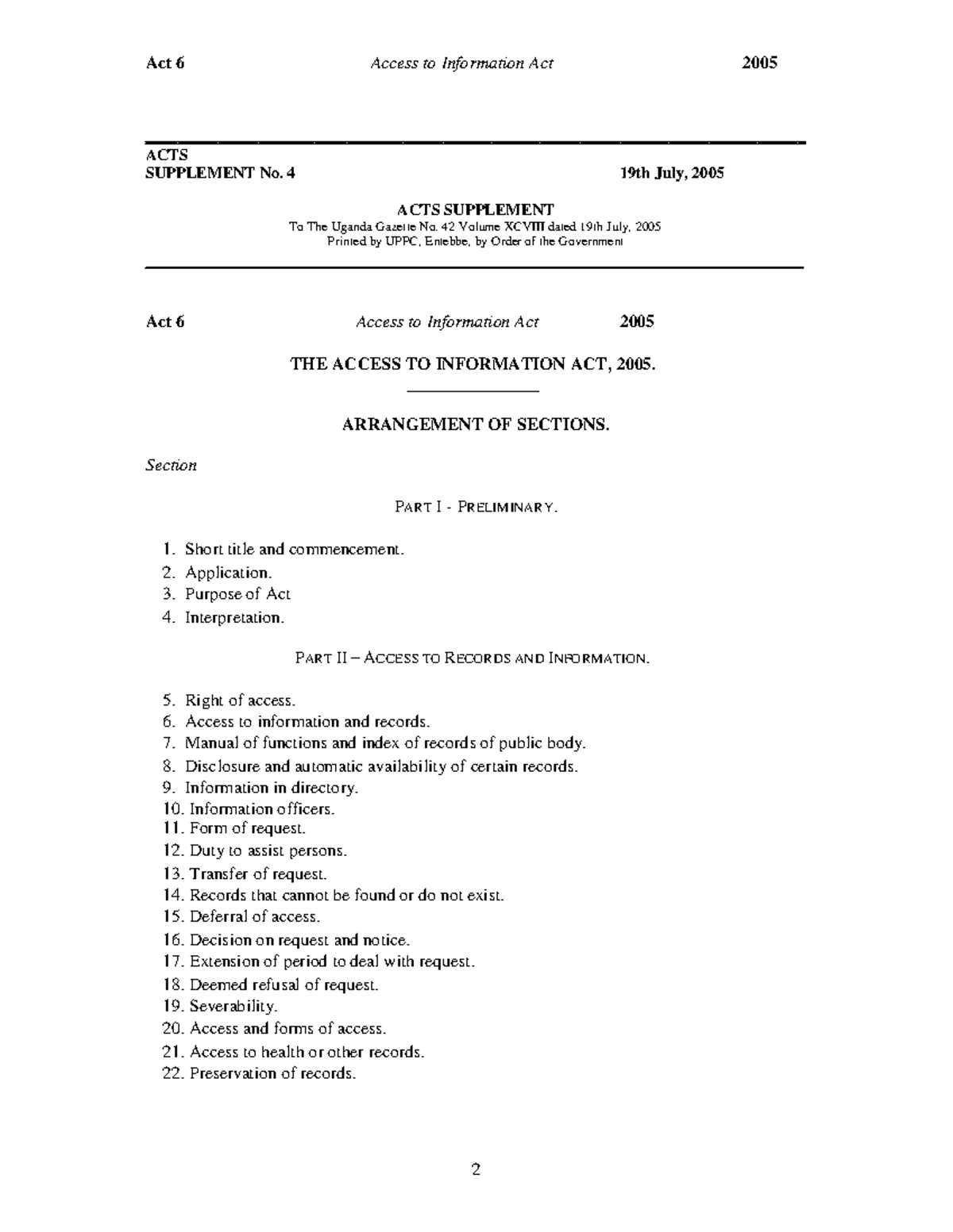 The Access to Information act 2005 - ACTS SUPPLEMENT No. 4 19th July ...