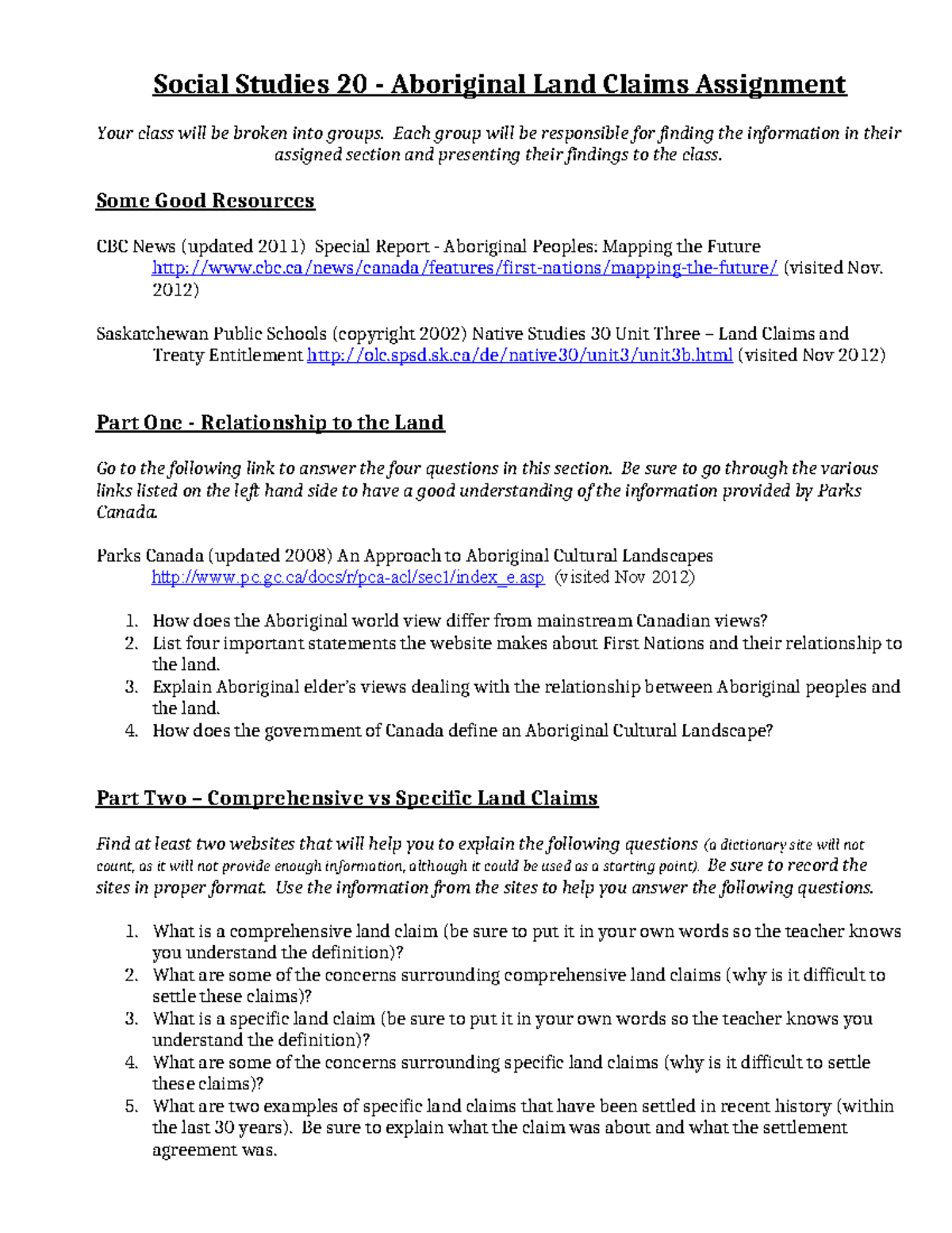 Social Studies 20-1 Aboriginal Land Claims Assignment - Social Studies ...