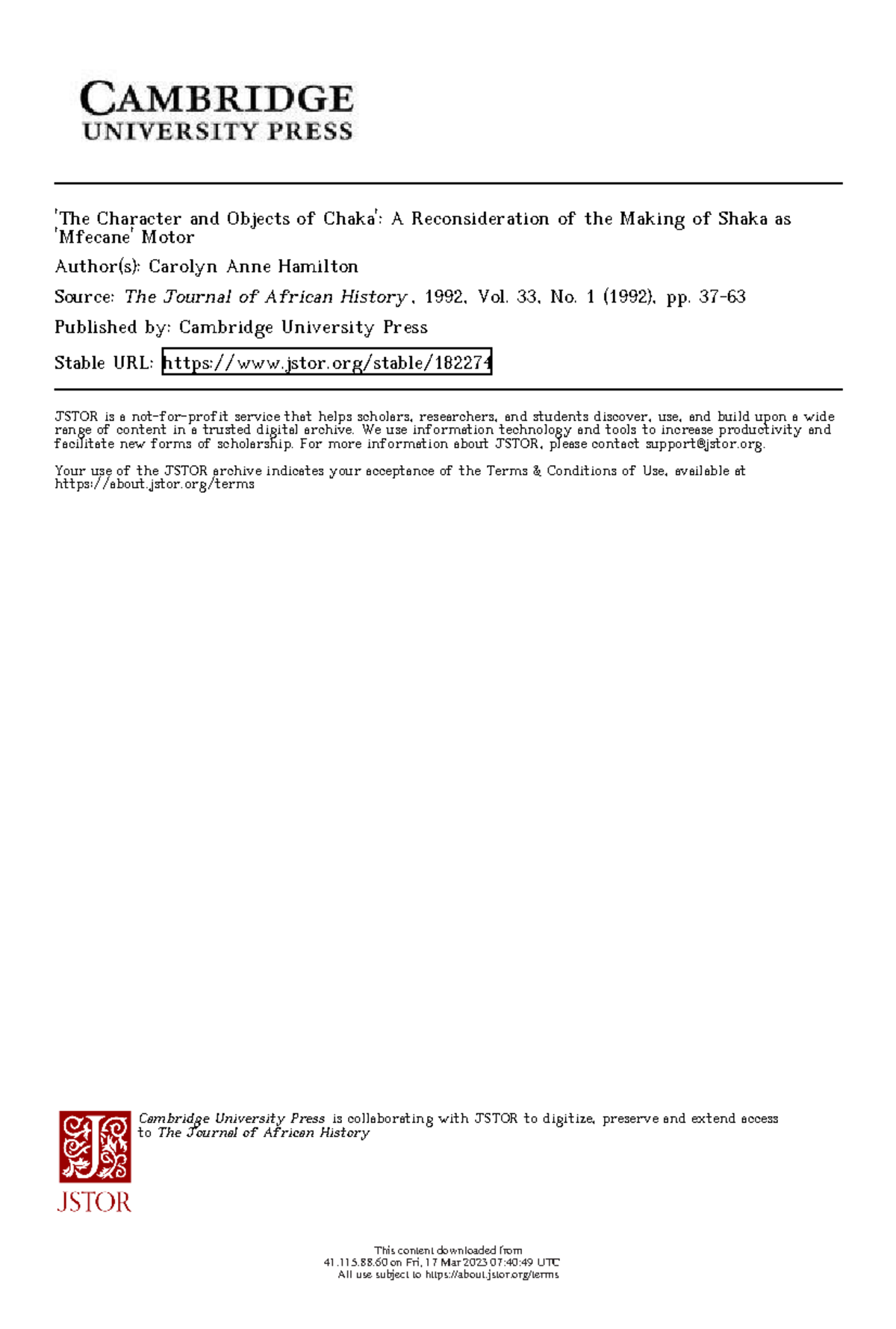 A Reconsideration of Shaka and the Mfecane - Carolyn Hamilton (Journal ...