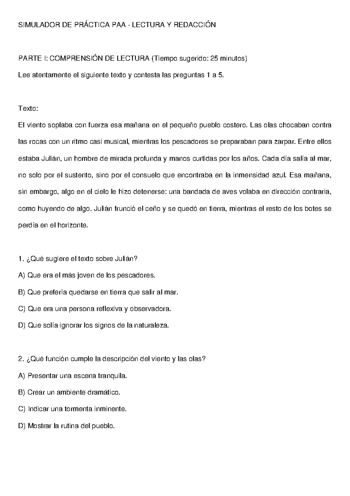Simulador PAA Lectura y Redacción Parte I y II: Comprensión y Redacción ...