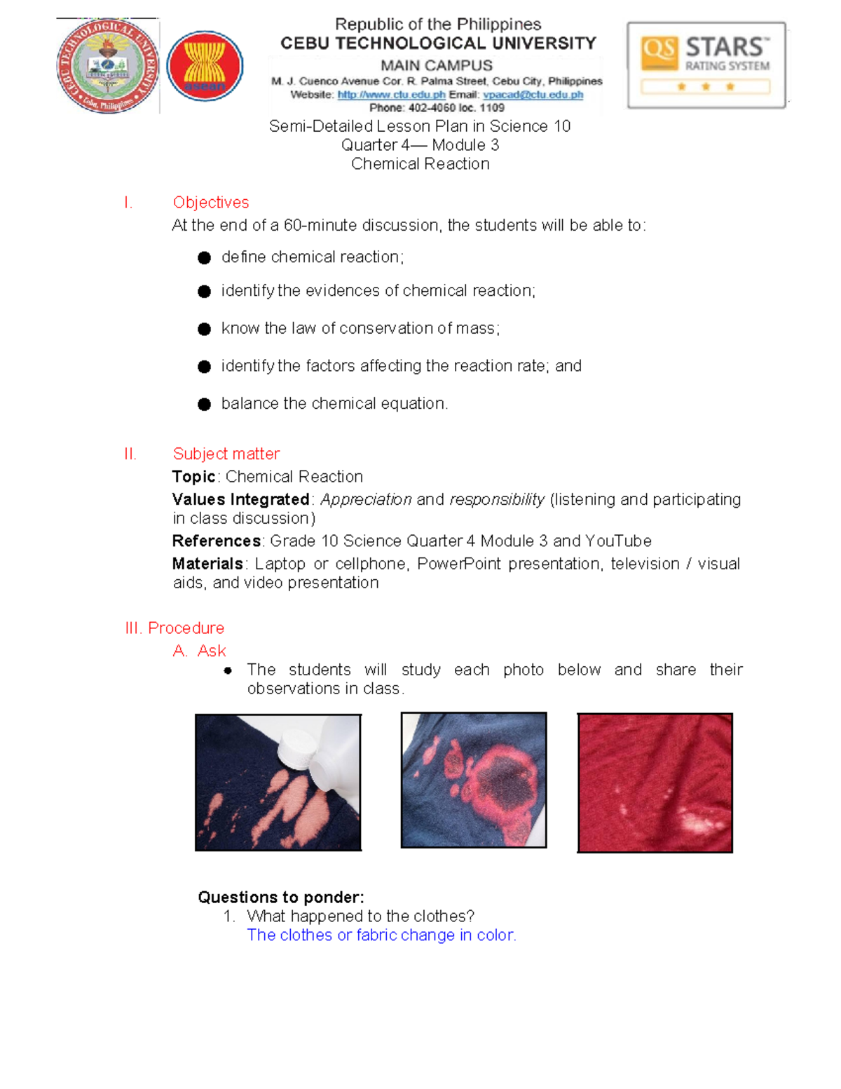 Science 10 Lesson Plan: Chemical Reactions - Module 3 Overview - Studocu