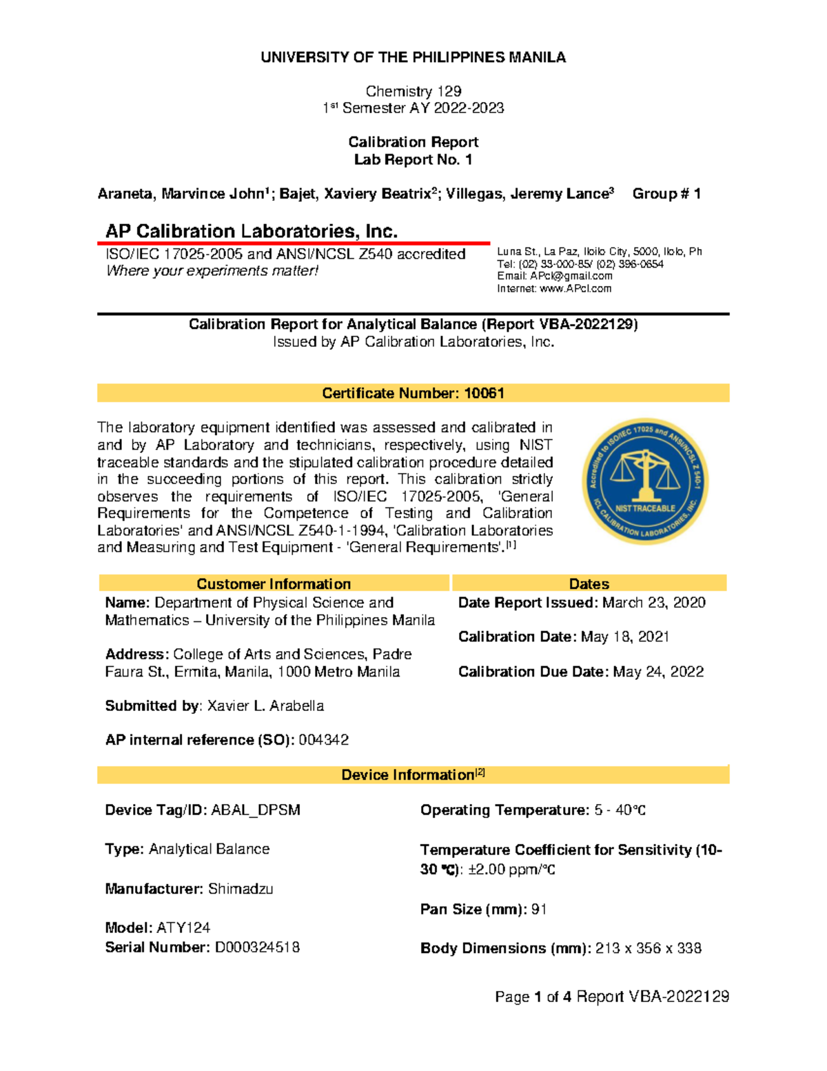 Calibration Report for Analytical Balance - Chem 129 Lab Report 1 - Studocu