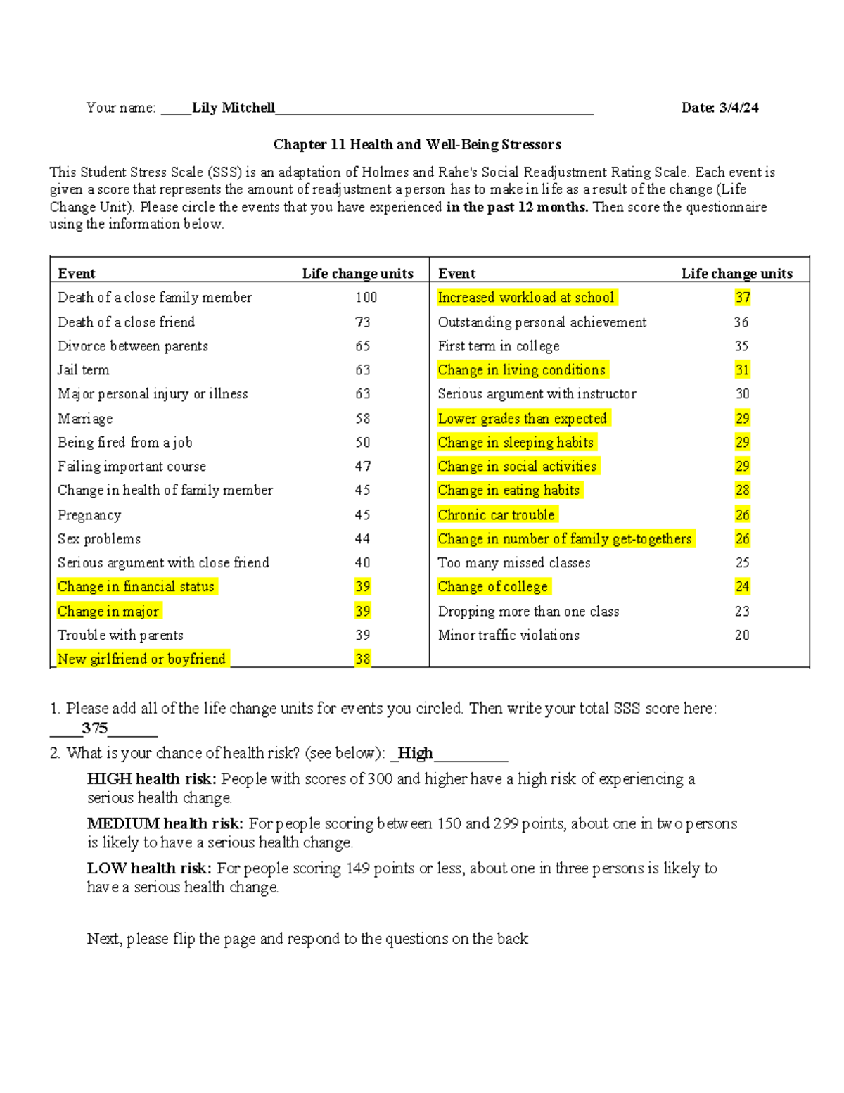 Student Stress Scale Activities - Chapter 11: Health & Well-Being - Studocu
