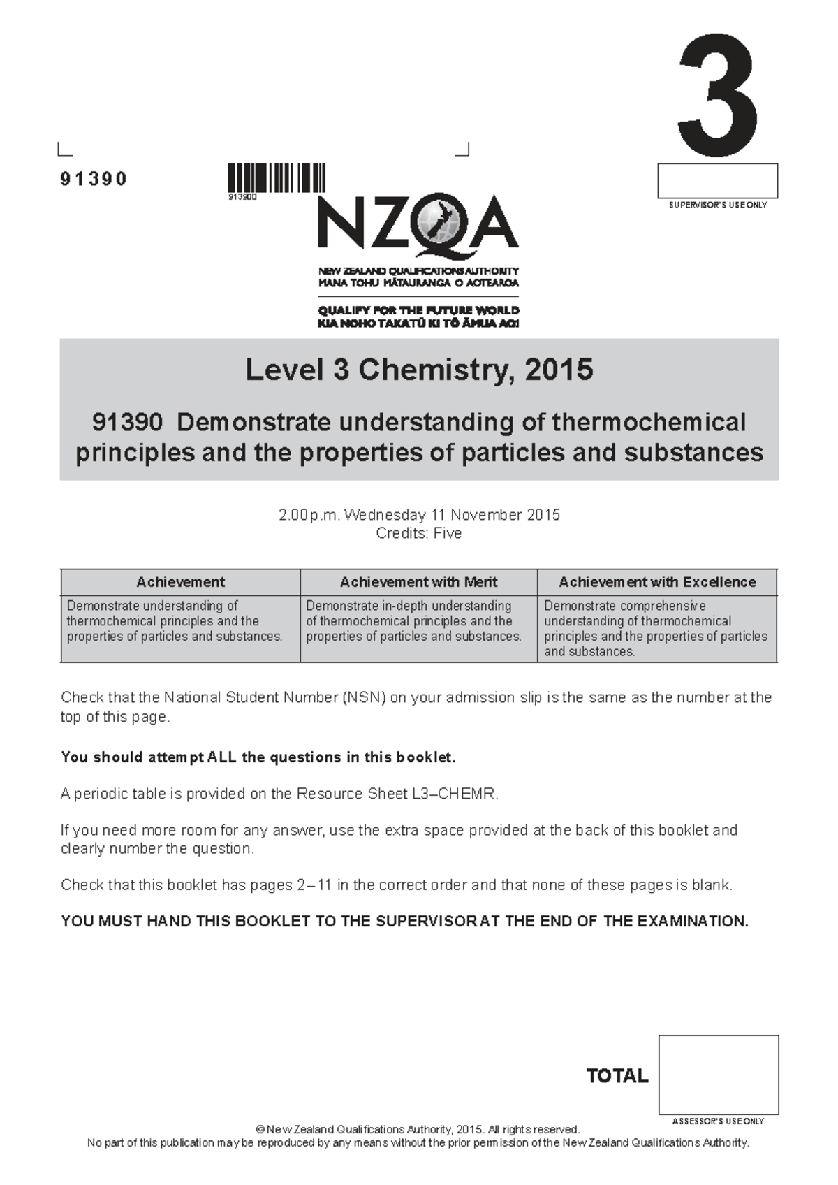 Chemistry 91390 Final Exam 2015: Thermochemical Principles - Studocu