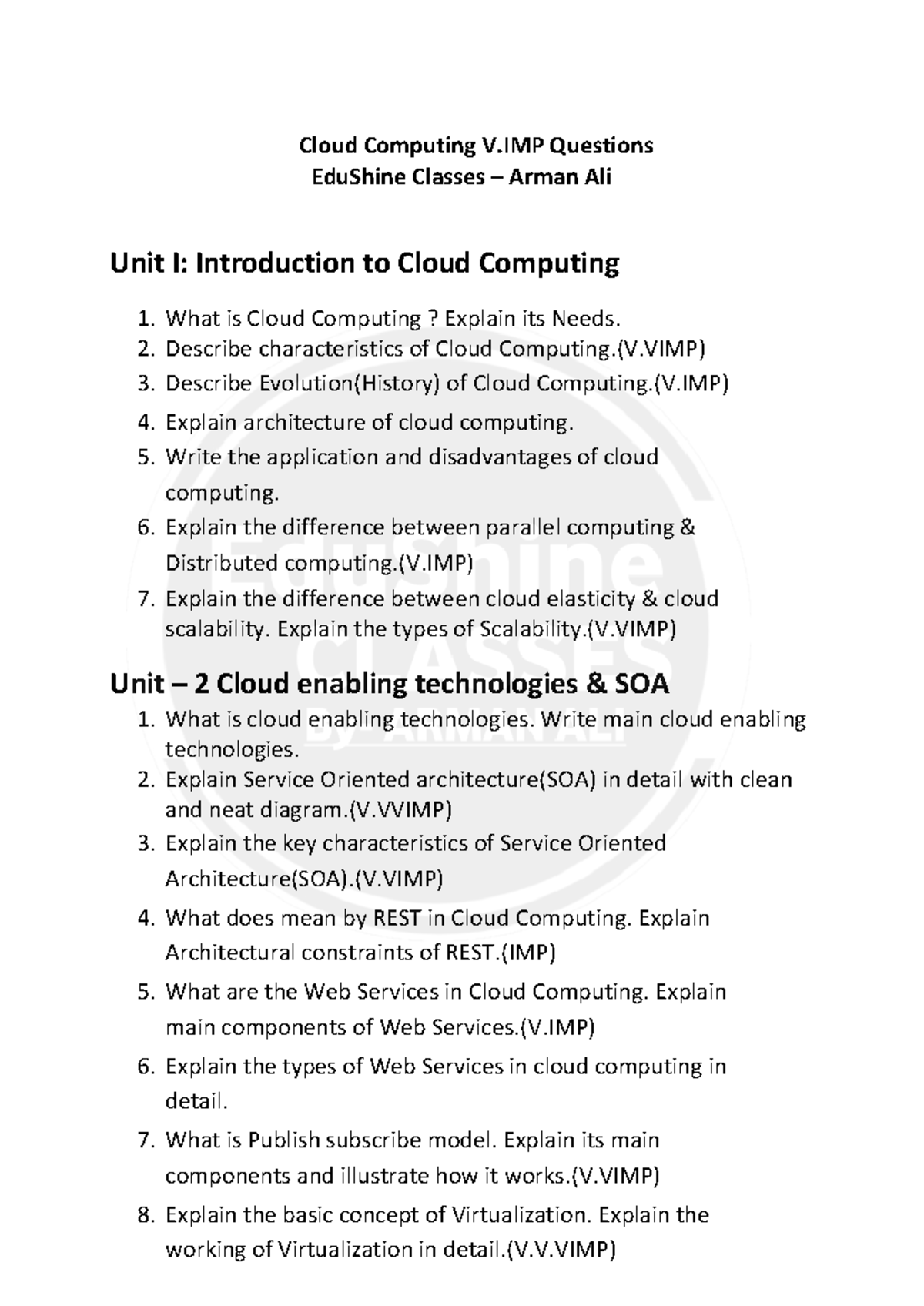 Cloud Computing Unit I-III: Important Questions (EduShine Classes) - Studocu