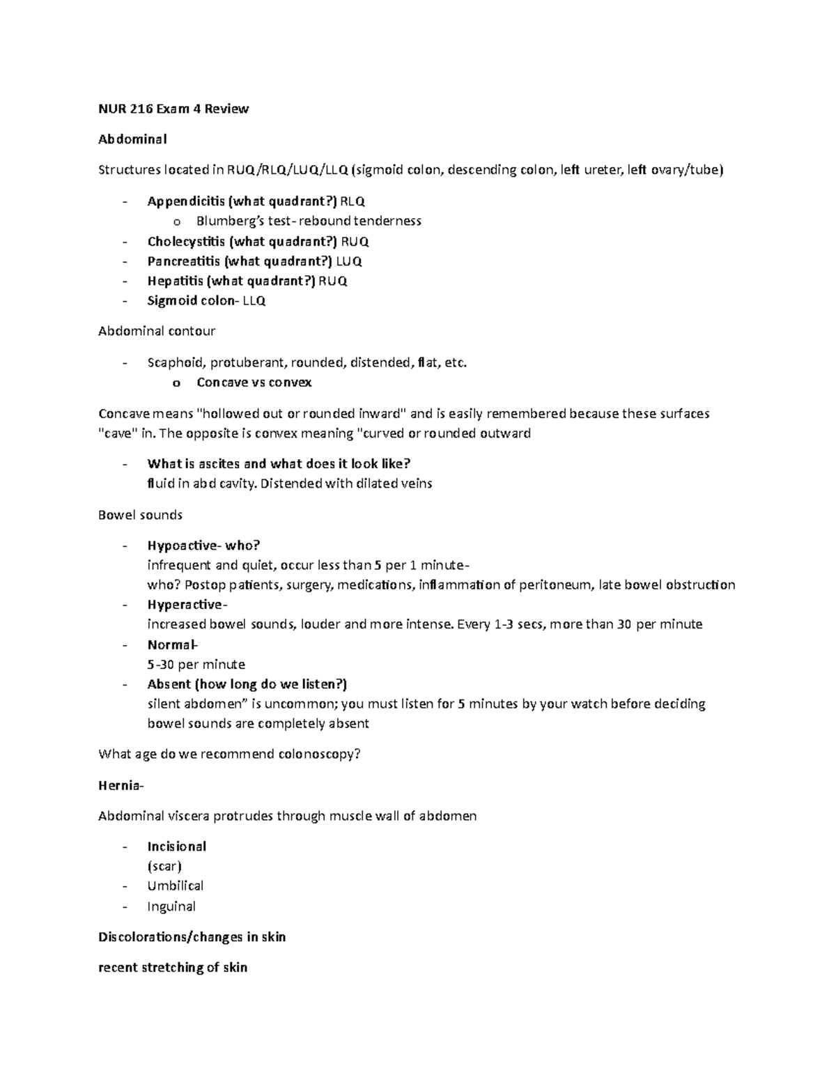 NUR 216 exam 4 study guide - NUR 216 Exam 4 Review Abdominal Structures ...