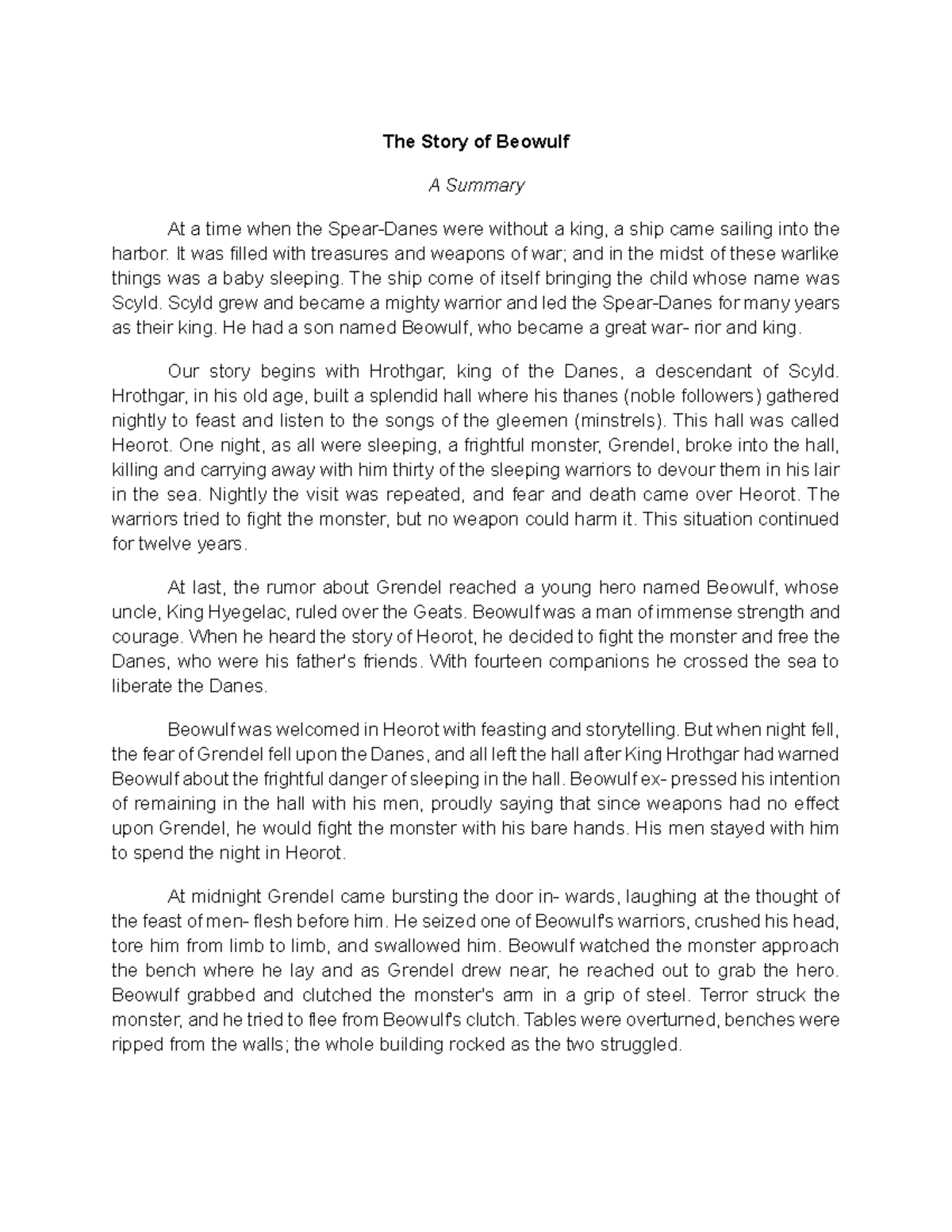 The Story of Beowulf - n/a - The Story of Beowulf A Summary At a time ...