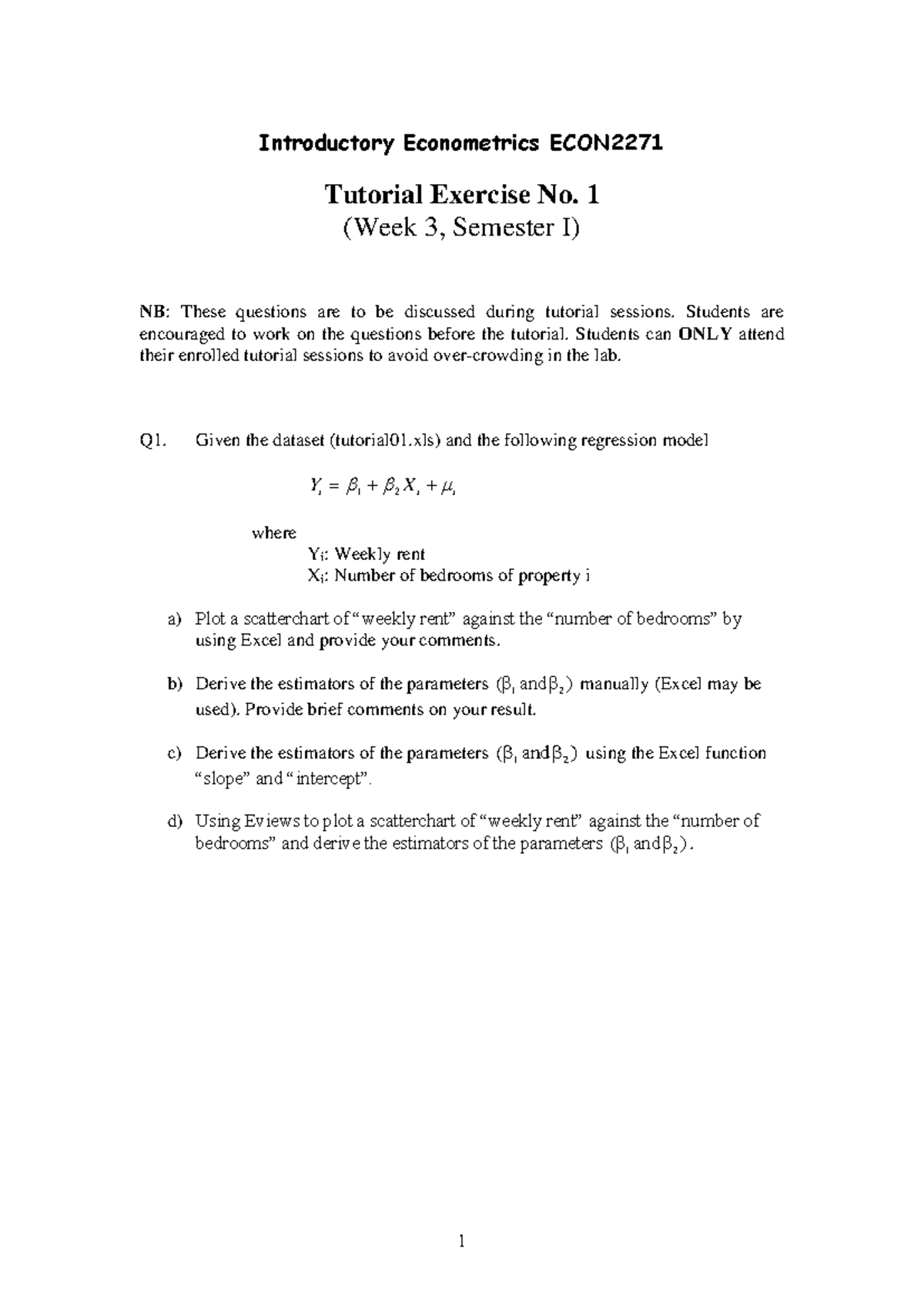 Answer guide tutorial exercises #1-2 - Introductory Econometrics ECON ...