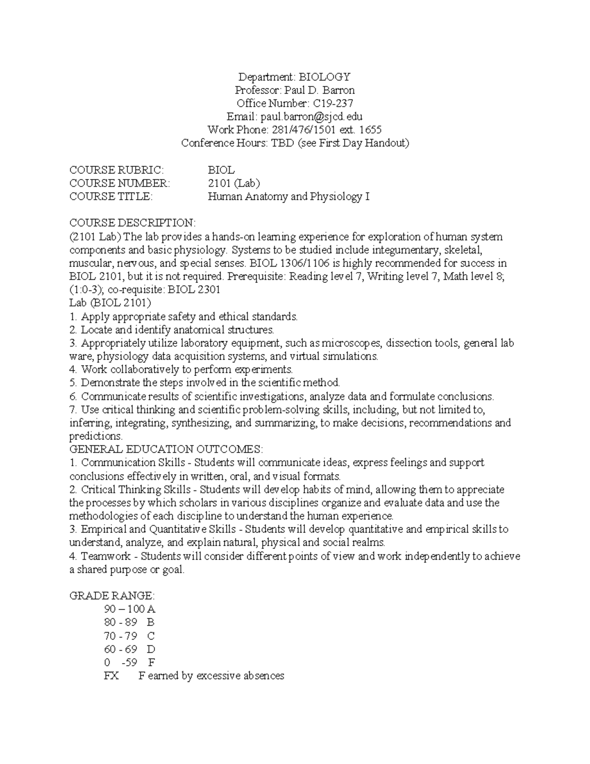 BIOL 2101 Lab Syllabus - Human Anatomy & Physiology I Overview - Studocu