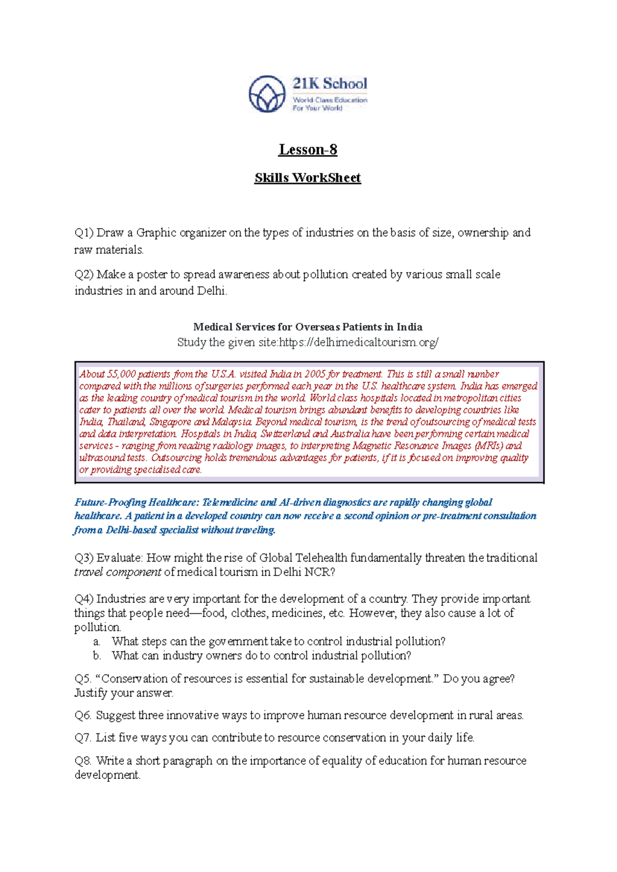 Skill-Based Worksheet: Industries, Pollution, and Resource Management ...