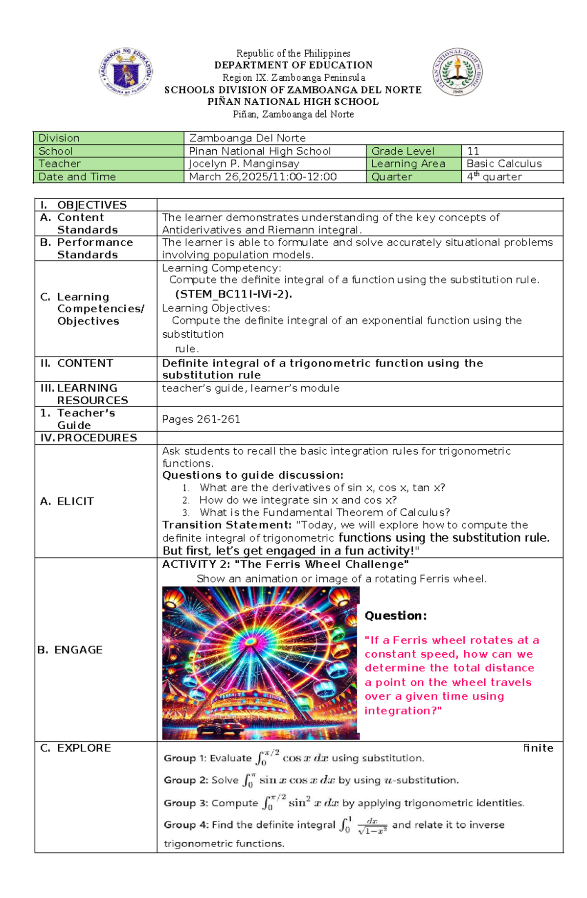 BC IV-20 WEEK 7 DAY 3: Lesson Plan on Definite Integrals - Studocu