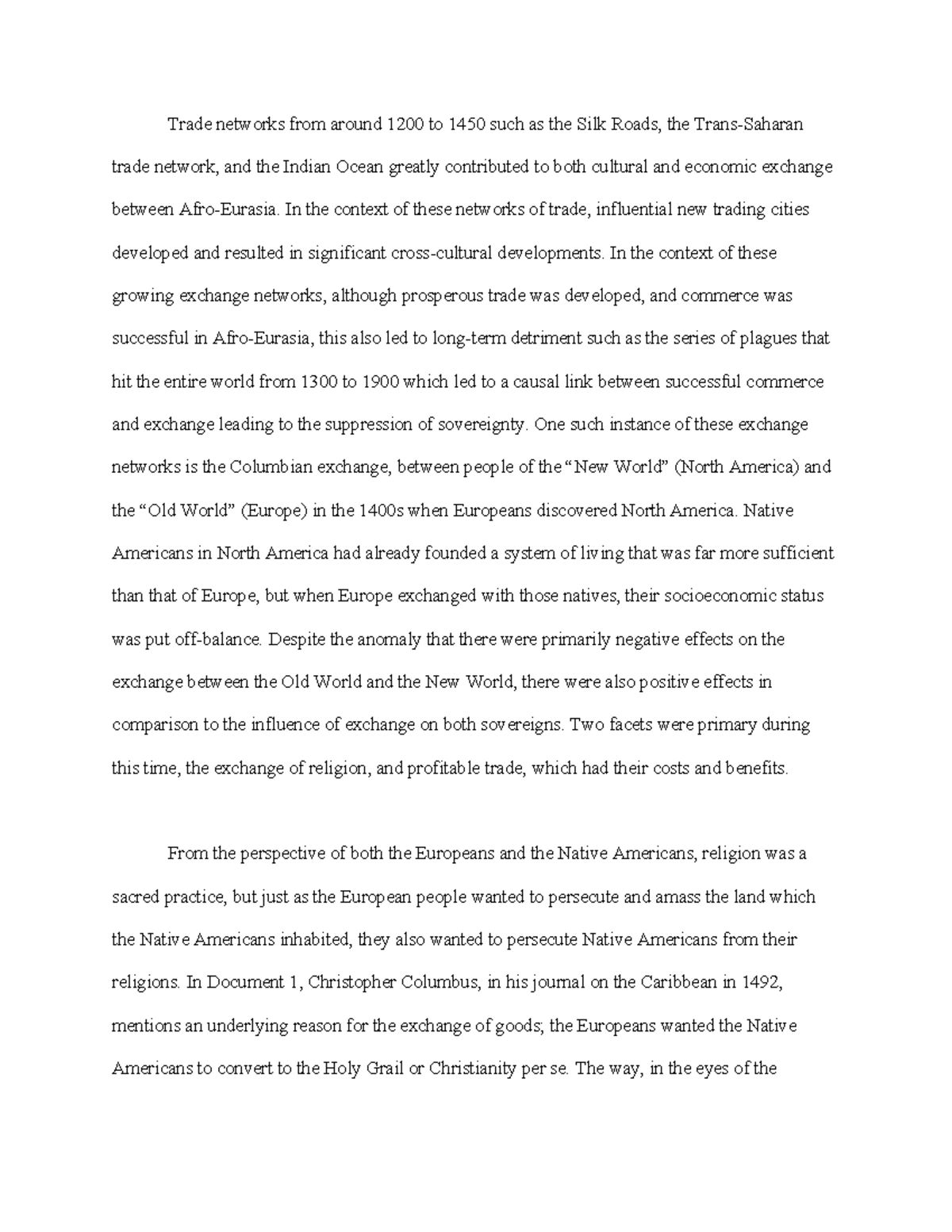 Columbian Exchange DBQ - Trade networks from around 1200 to 1450 such ...