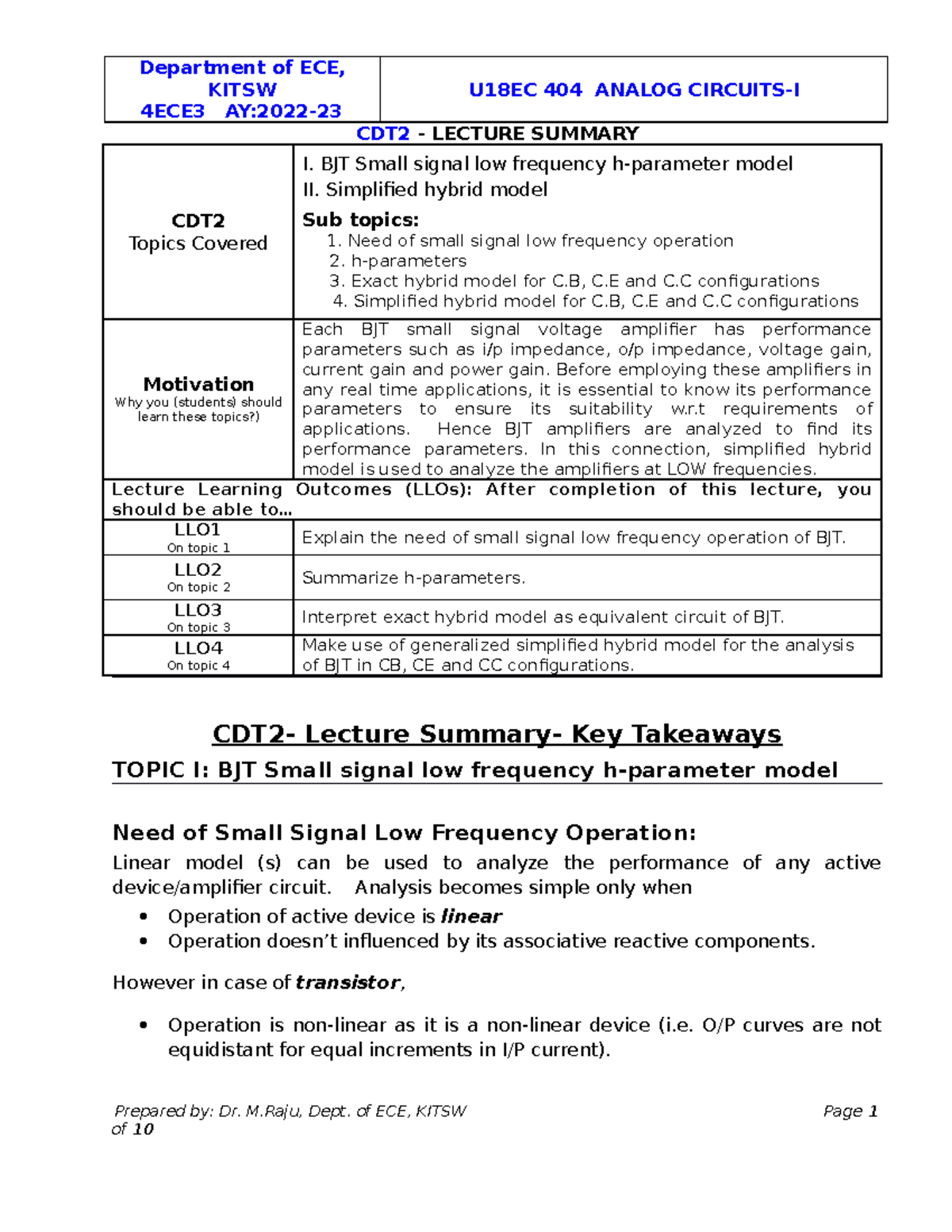 BJT Small Signal Low Frequency h-Parameter Model - Lecture Summary ...