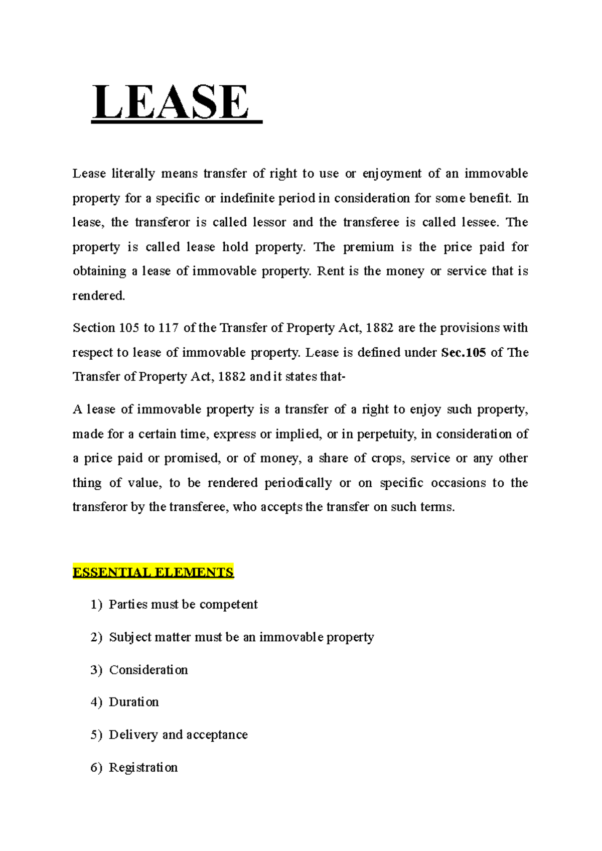 Lease notes - LEASE Lease literally means transfer of right to use or ...
