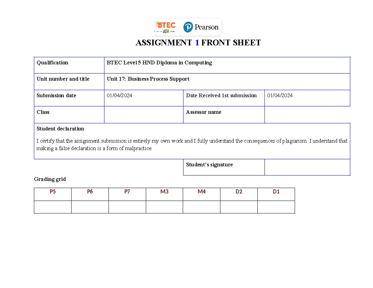 BTEC HND Computing Unit 17: Business Process Support Assignment 1 - Studocu