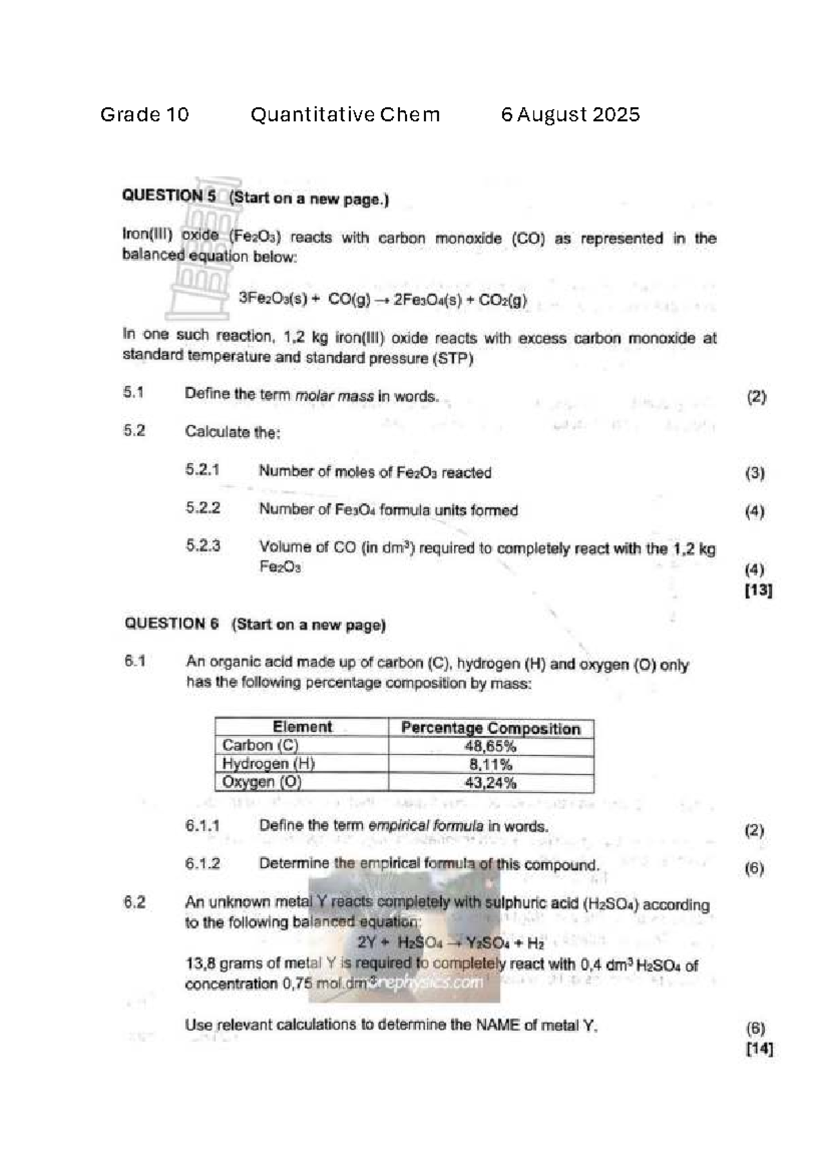 Grade 10 Quantitative Chemistry Exam Questions - 6 Aug 2025 - Studocu