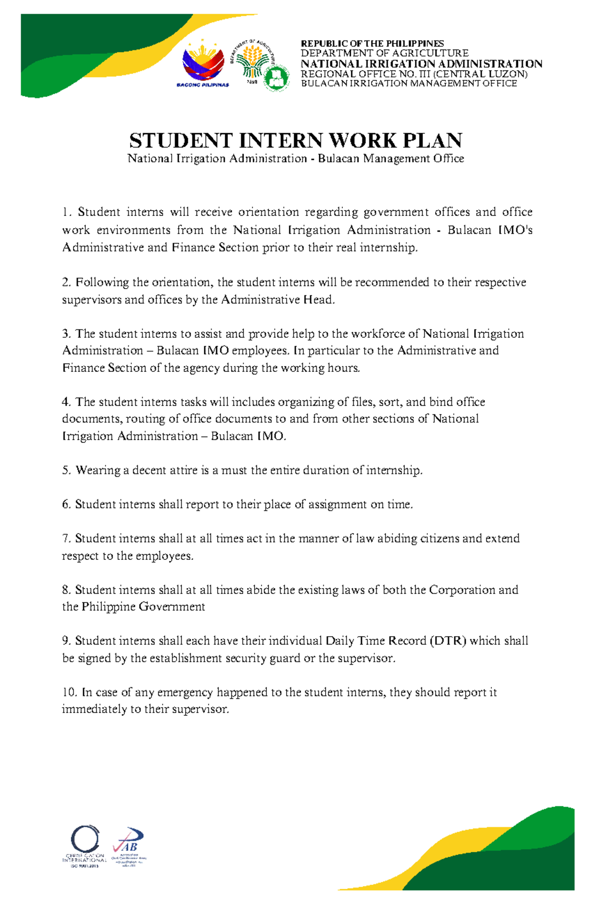 Internship Workplan - Sample for NIA Bulacan Management Office - Studocu