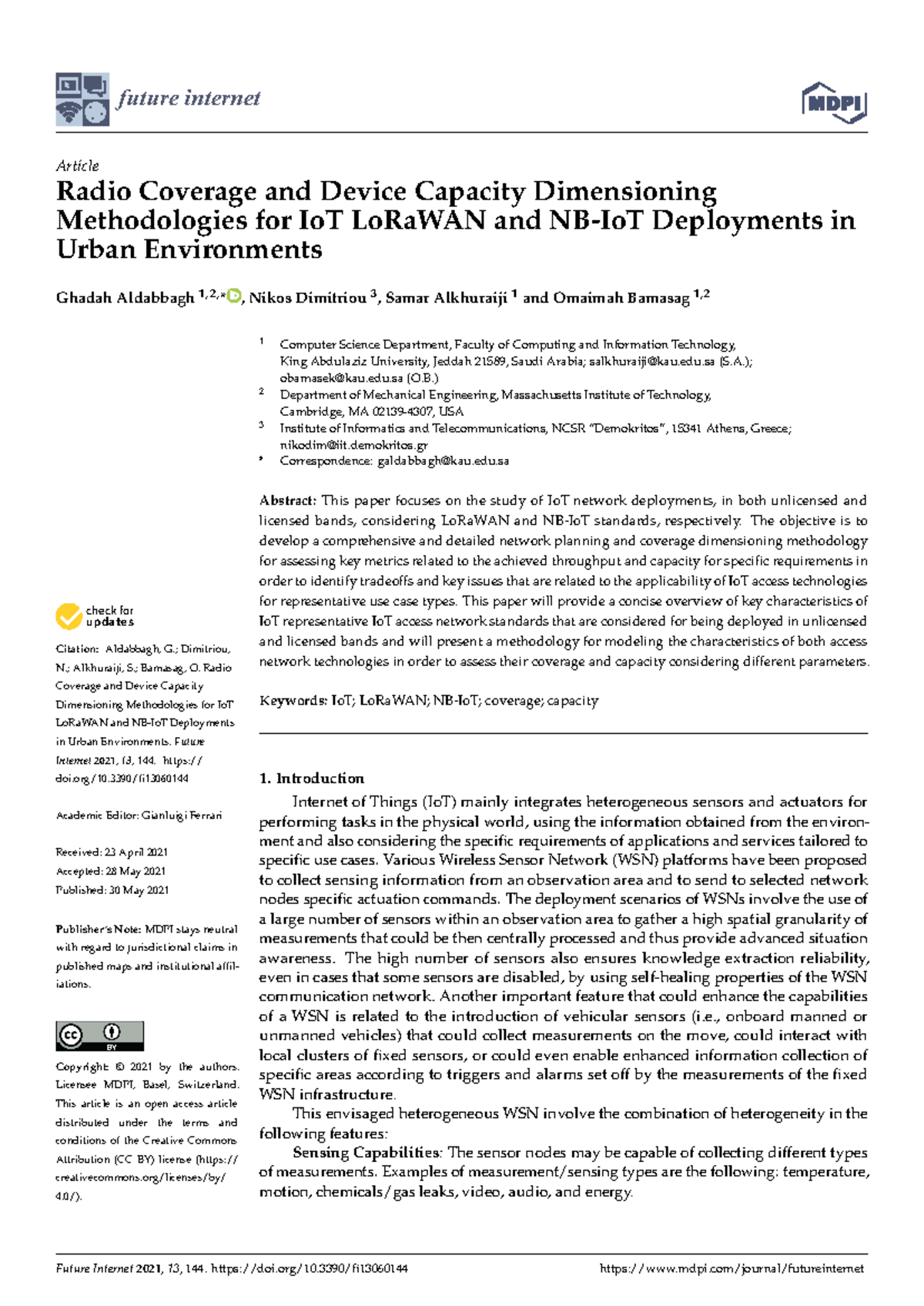 Radio Coverage & Capacity Dimensioning for IoT LoRaWAN in Urban Areas ...