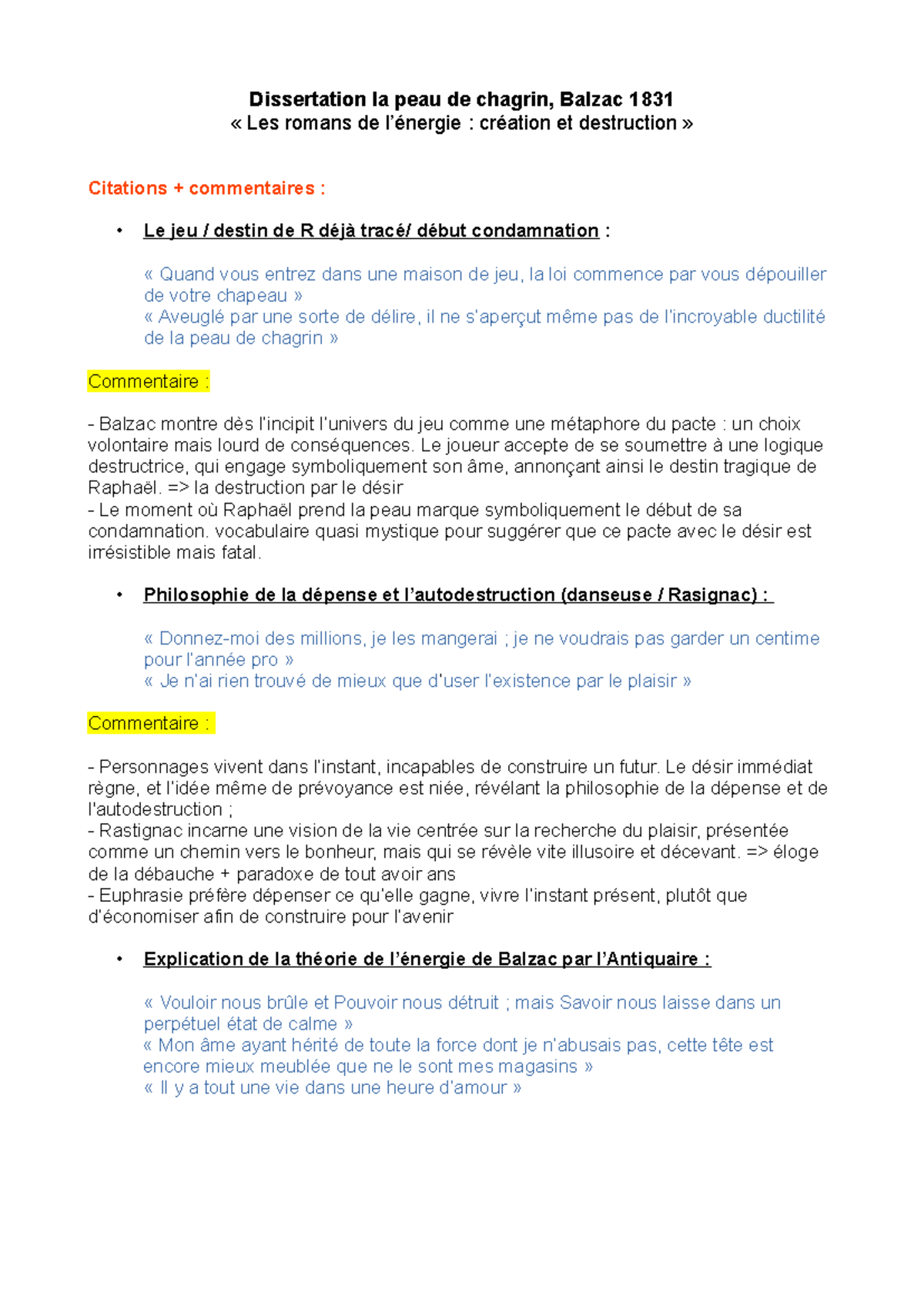 Dissertation sur "La Peau de Chagrin" de Balzac - BAC - Studocu