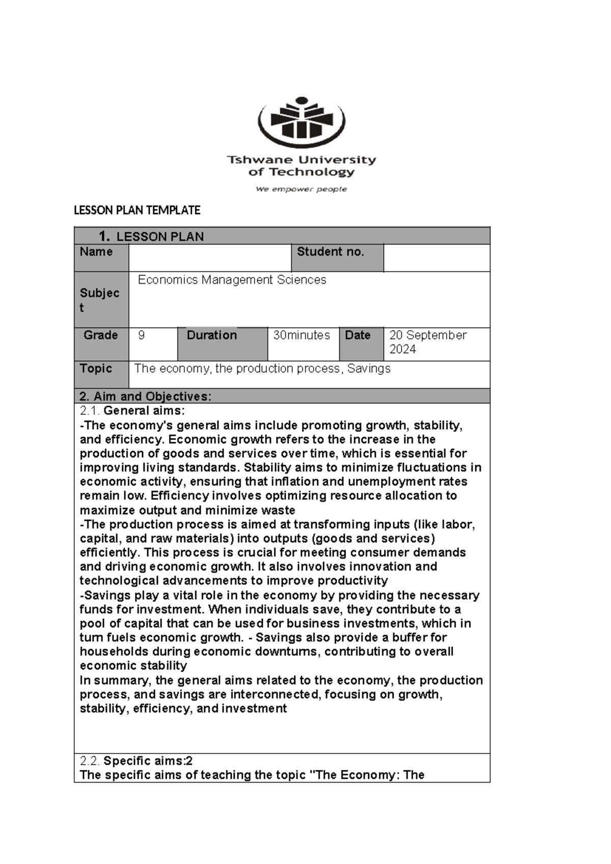 Economics Management Sciences Grade 9 Lesson Plan: Production & Savings ...