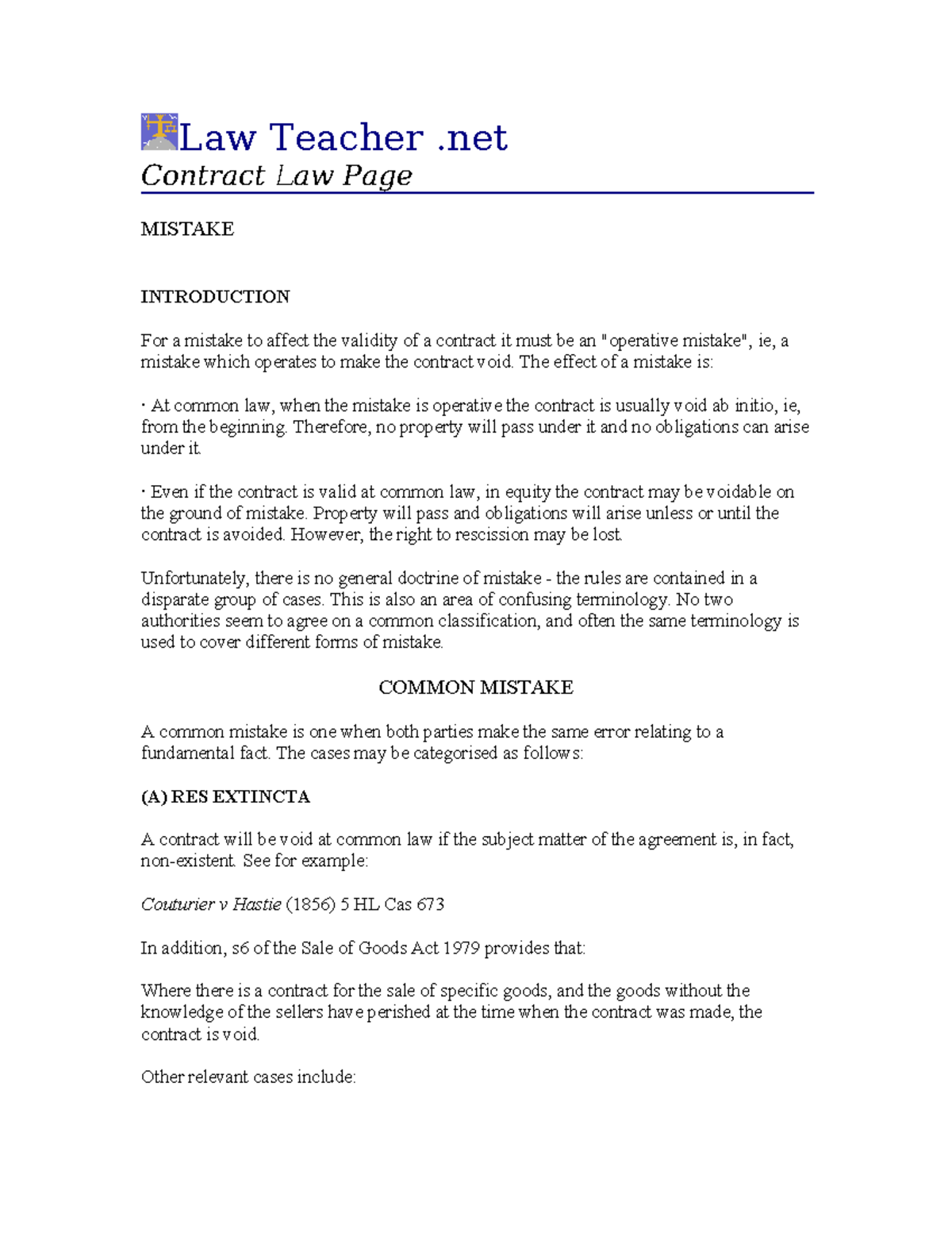 Contract Law: Understanding Mistakes in MISTAKE - Introduction - Studocu