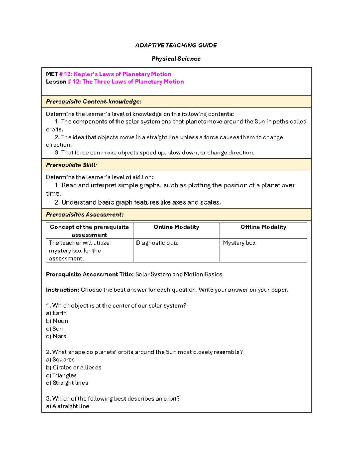 ADAPTIVE TEACHING GUIDE FOR EARTH SCIENCE SENIOR HIGH SCHOOL: KEPLER'S ...