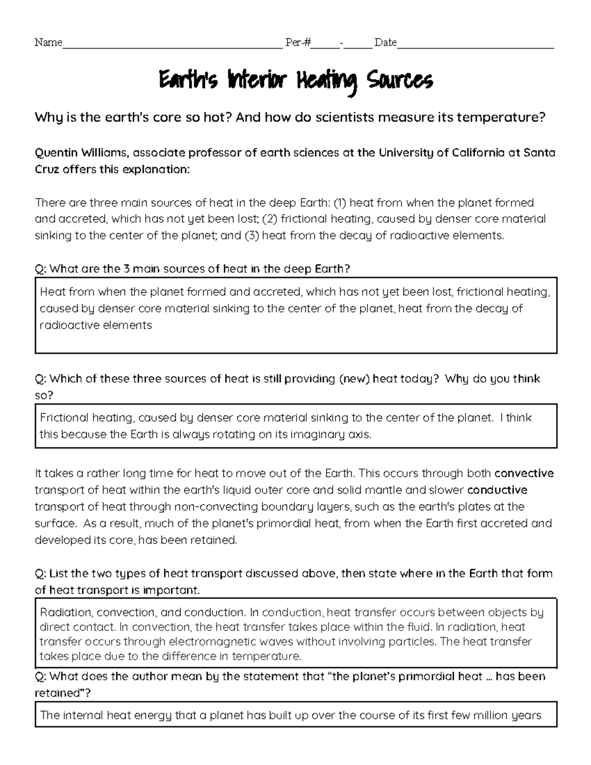Sources Of Heat Worksheet