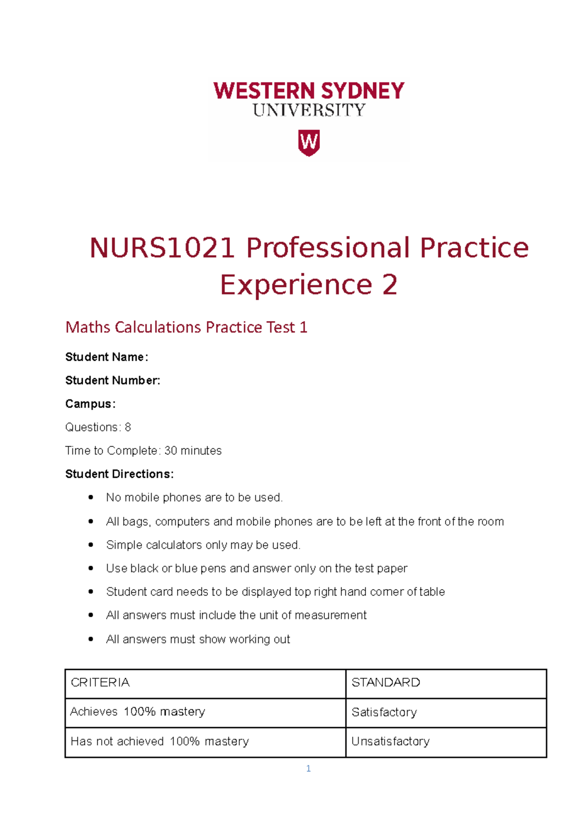 NURS1021 Maths Calculations Practice Test 1 - Key Concepts and ...