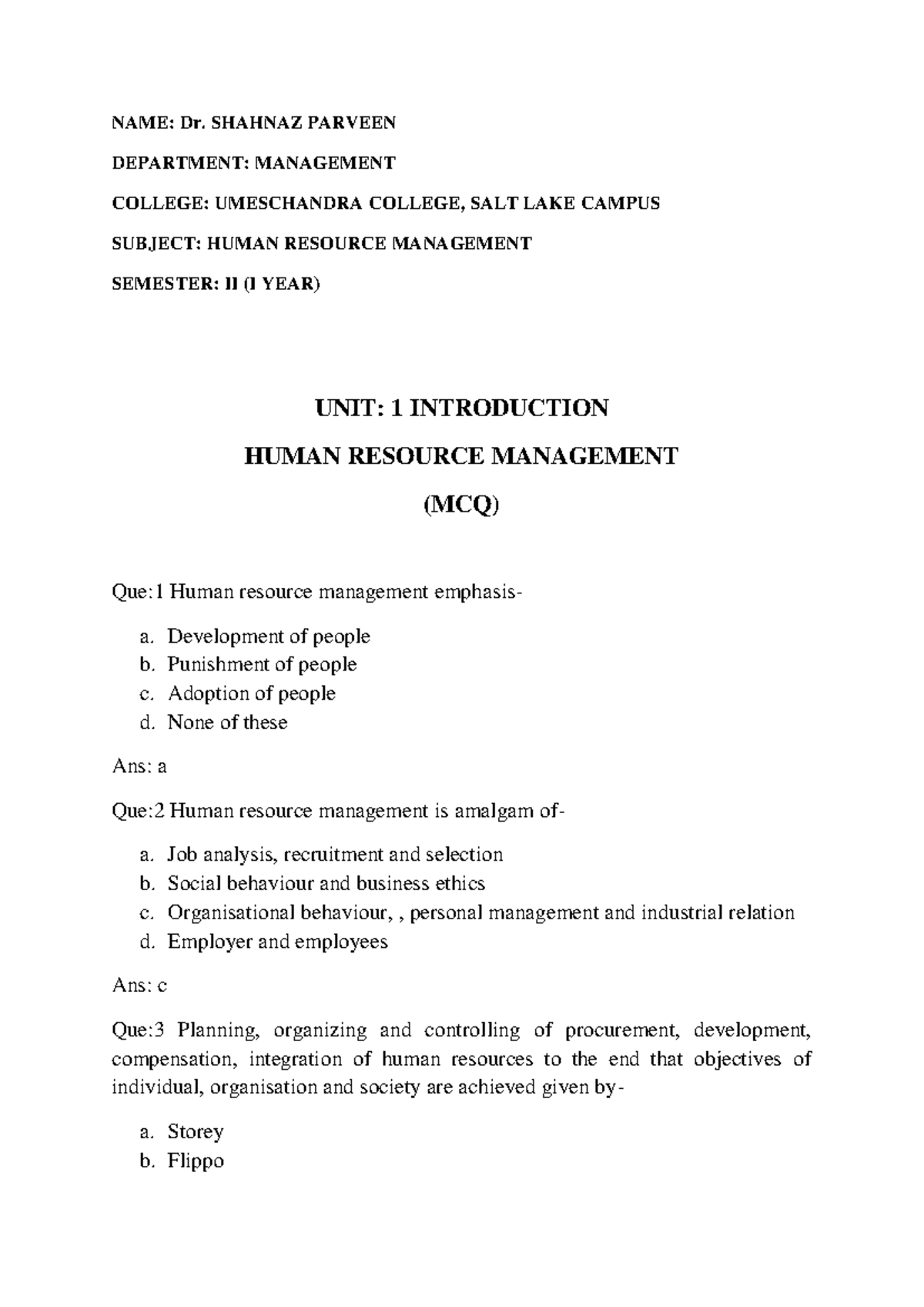 MCQ-ON- Human- Resource- Management semester-2 - NAME: Dr. SHAHNAZ ...