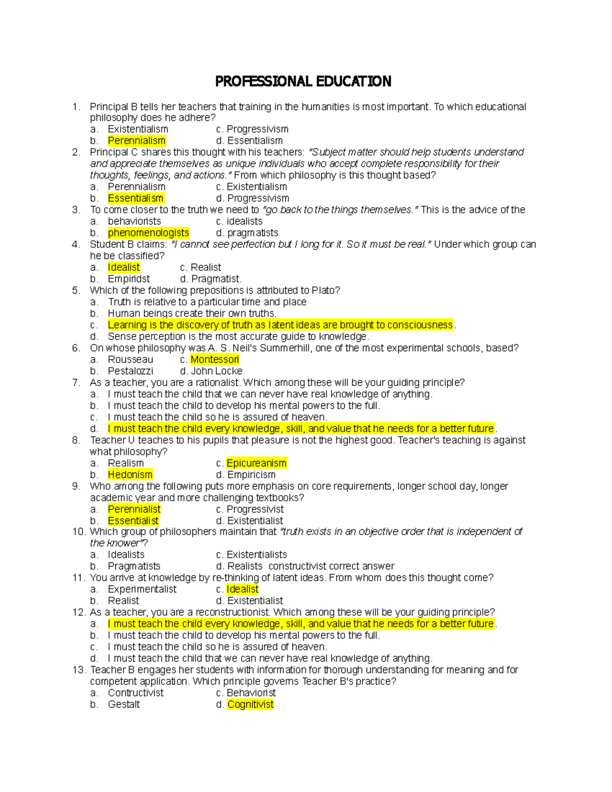 Professional Education Quiz with Highlighted Answers (ProfED) - Studocu