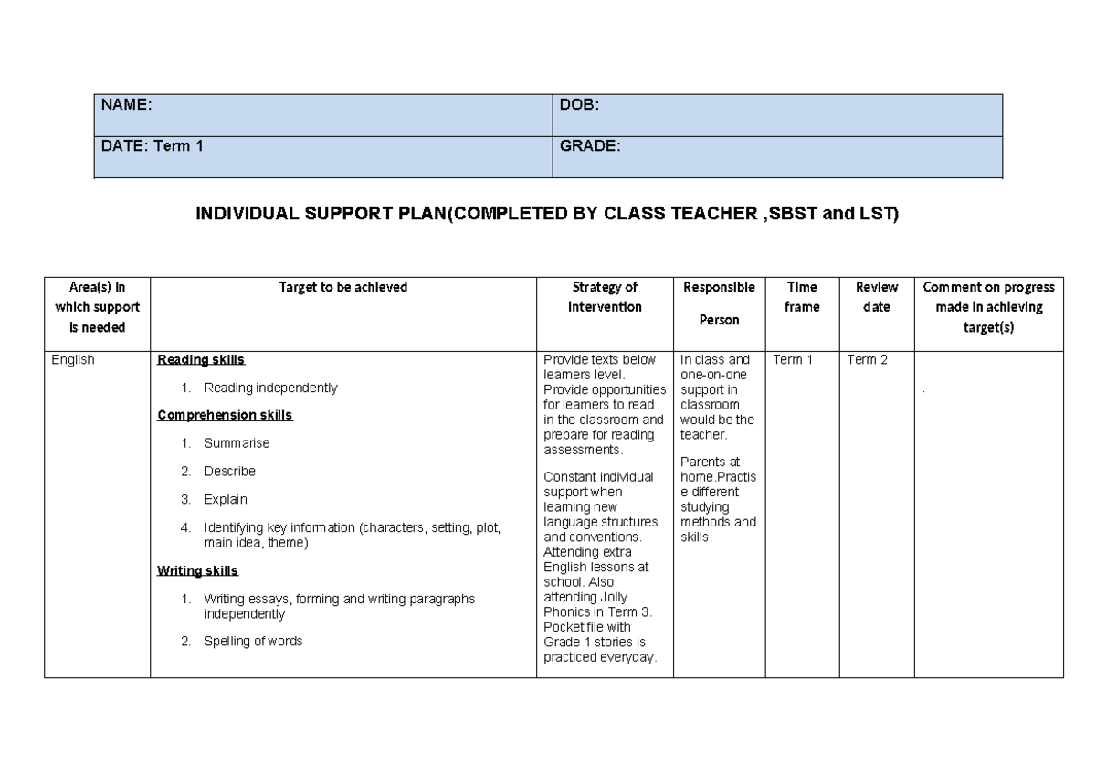 4B Individual Support Plan (ISP) Term 1 2024 - Studocu