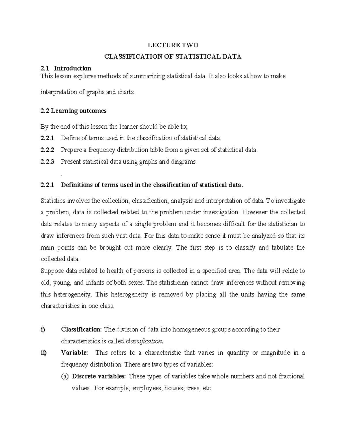 SST101 - Lecture 2: Classification of Statistical Data and Graphs - Studocu