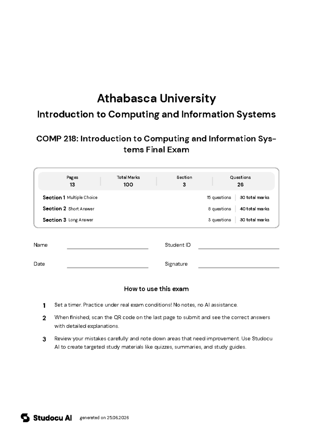 COMP 218 Final Exam: Introduction to Computing - Studocu