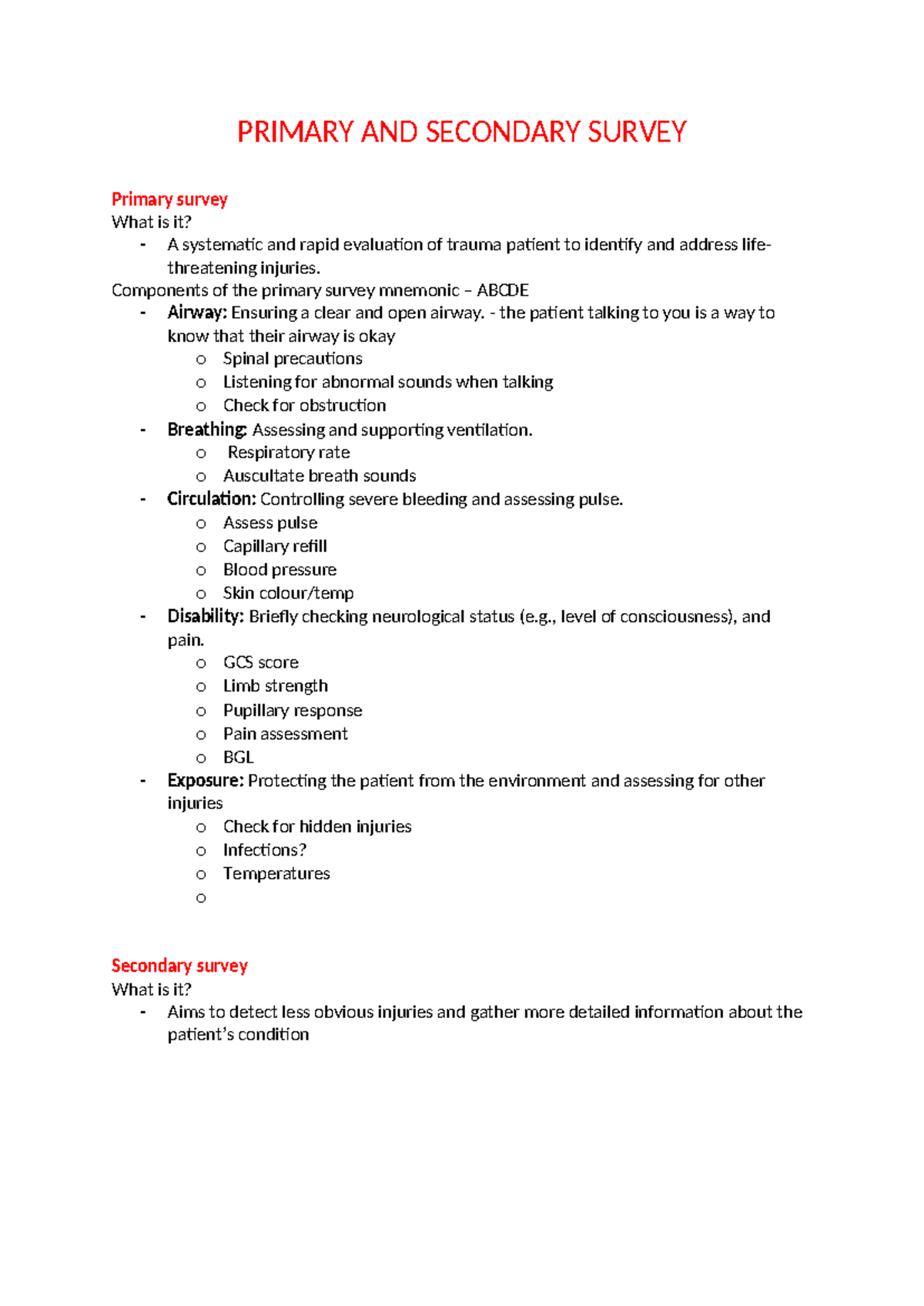 Primary and Secondary Survey: Trauma Patient Evaluation Guide - Studocu