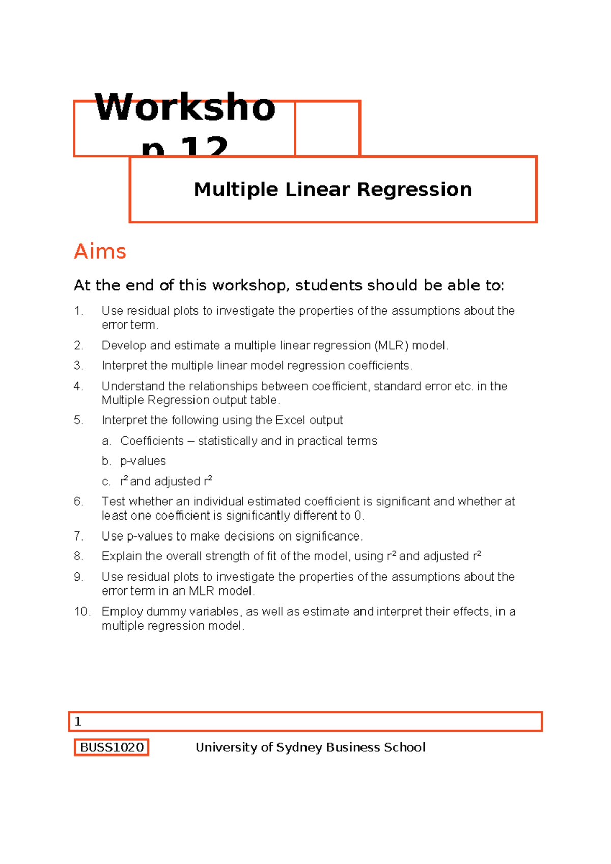 Workshop 12: Multiple Linear Regression Techniques - BUSS1020 - Studocu