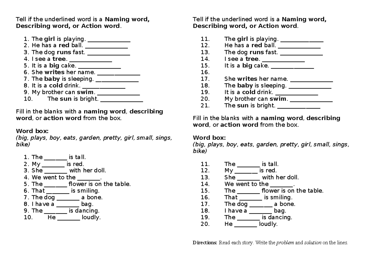 Naming, Describing, or Action Words: Exercises and Directions - Studocu