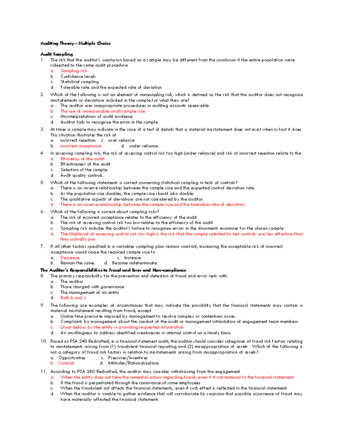 Auditing Theory - MC Questions for Exam Review 7 - Studocu