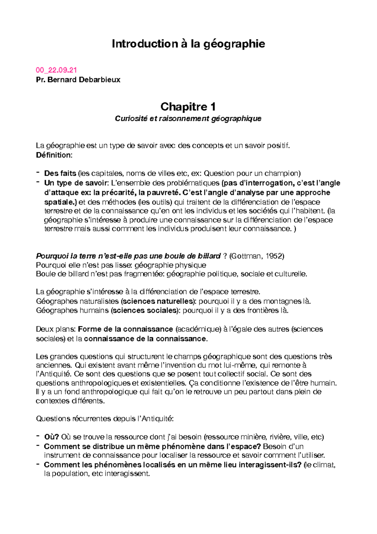 Notes IG - Introduction à la géographie 00_22. Pr. Bernard Debarbieux ...