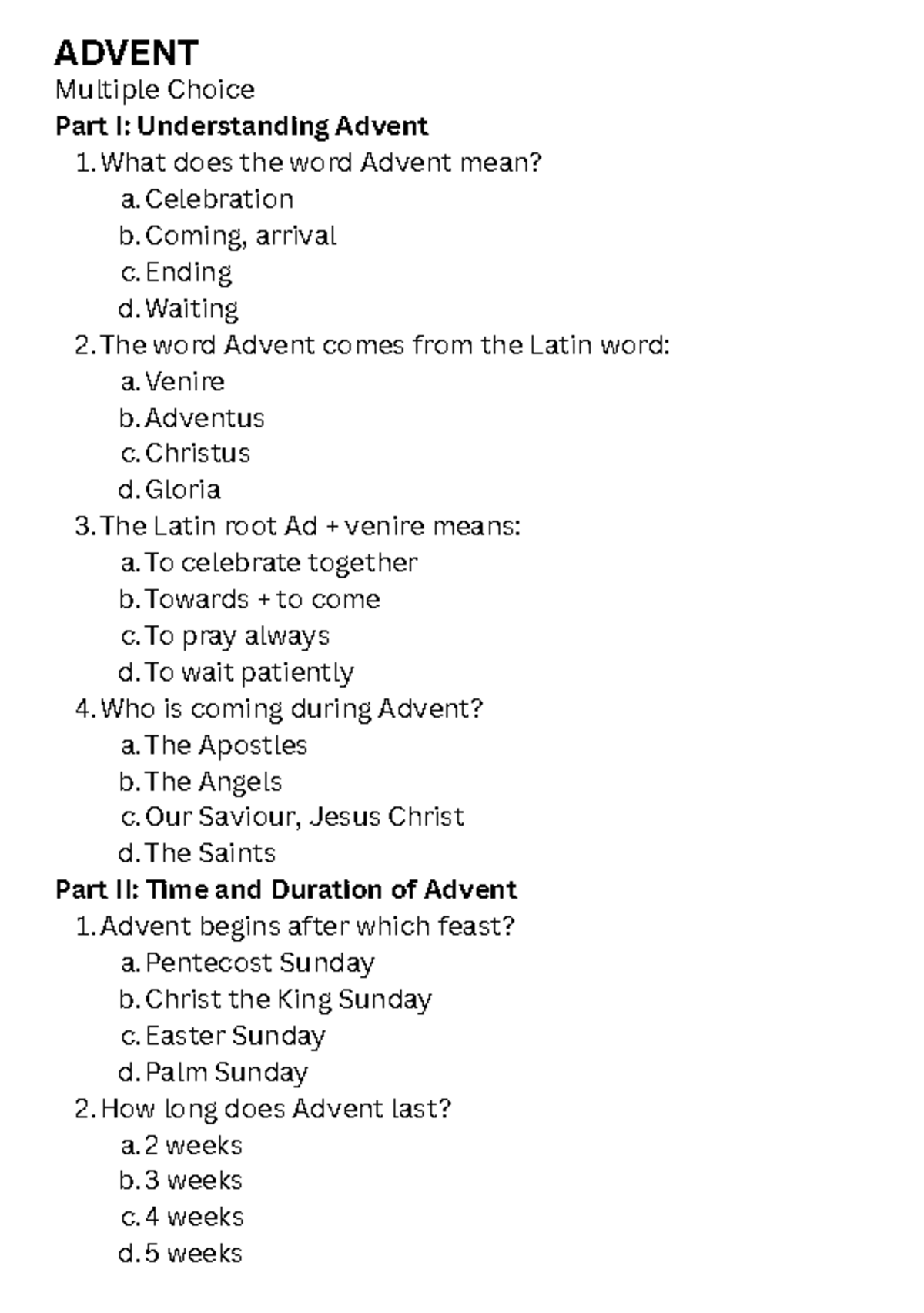 ADVENT Multiple Choice Quiz: Understanding the Liturgical Season - Studocu