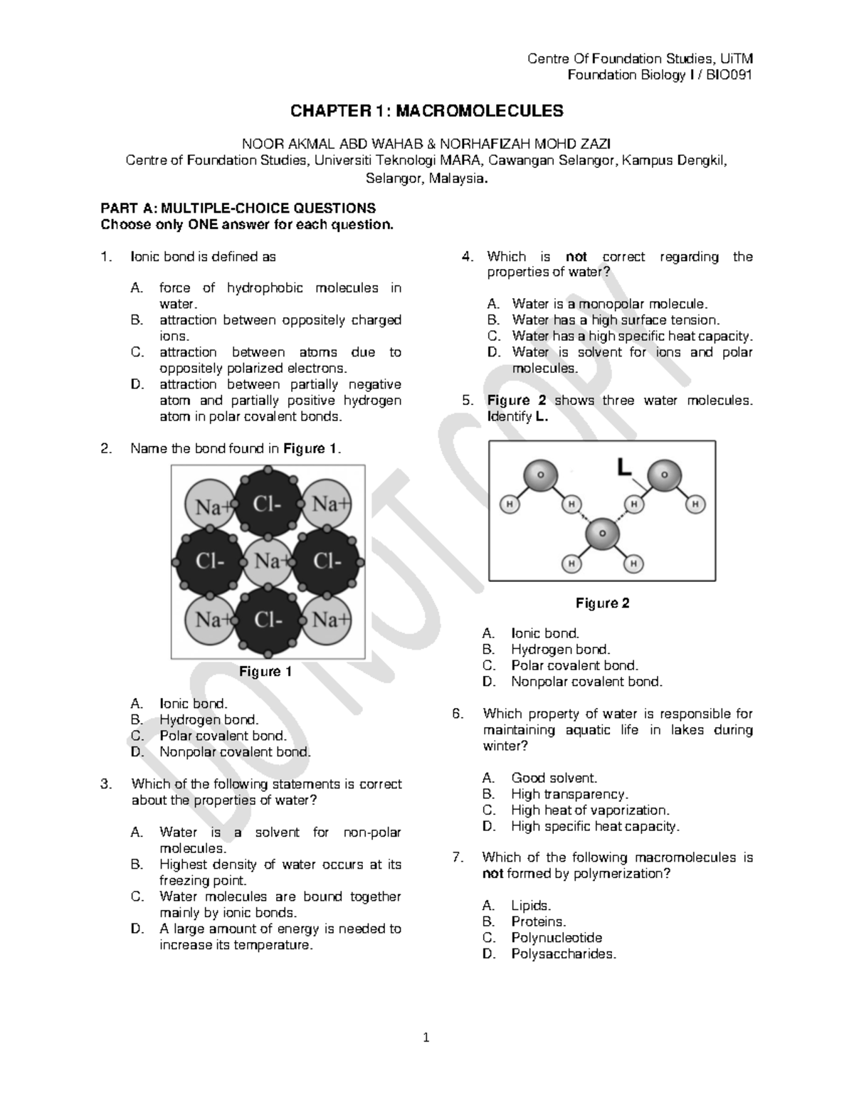 Chapter 1: Macromolecules & MCQs - BIO091 2024 - Studocu