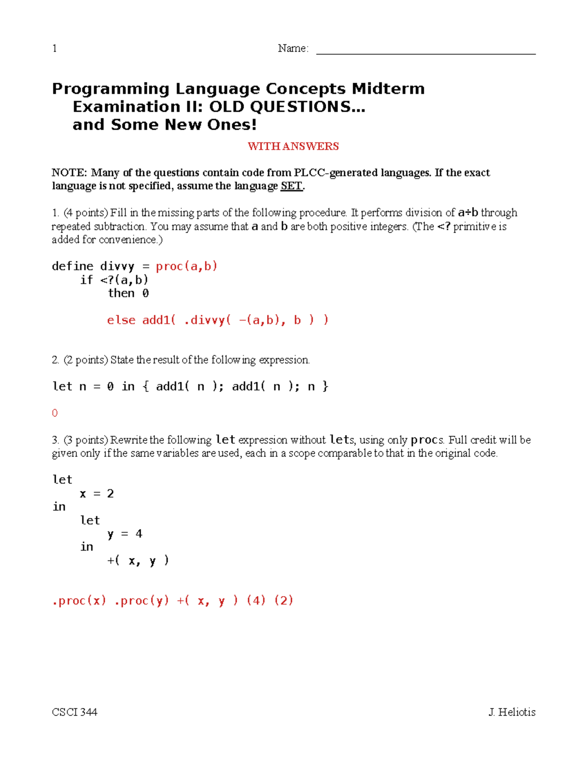 Programming Language Concepts Midterm Exam II Sample Questions & Answers - Studocu