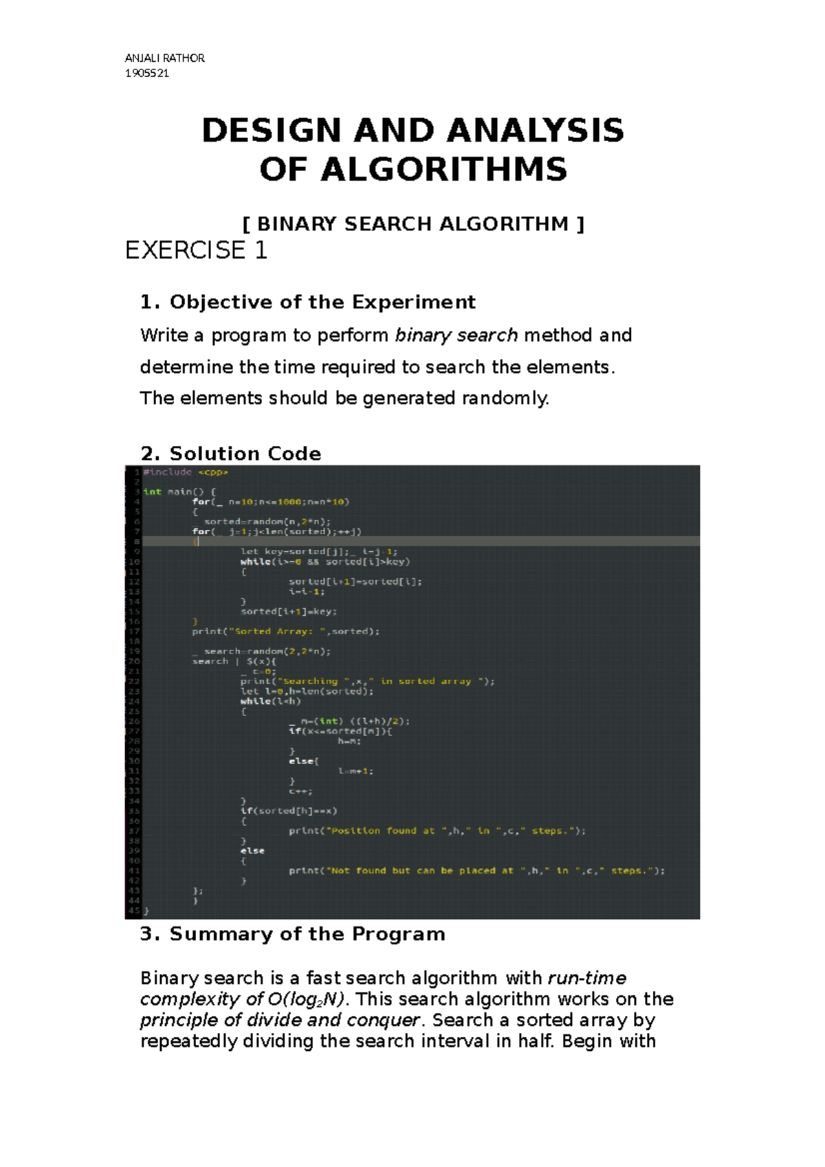 CS101: Binary Search Algorithm - Design and Analysis Notes - Studocu