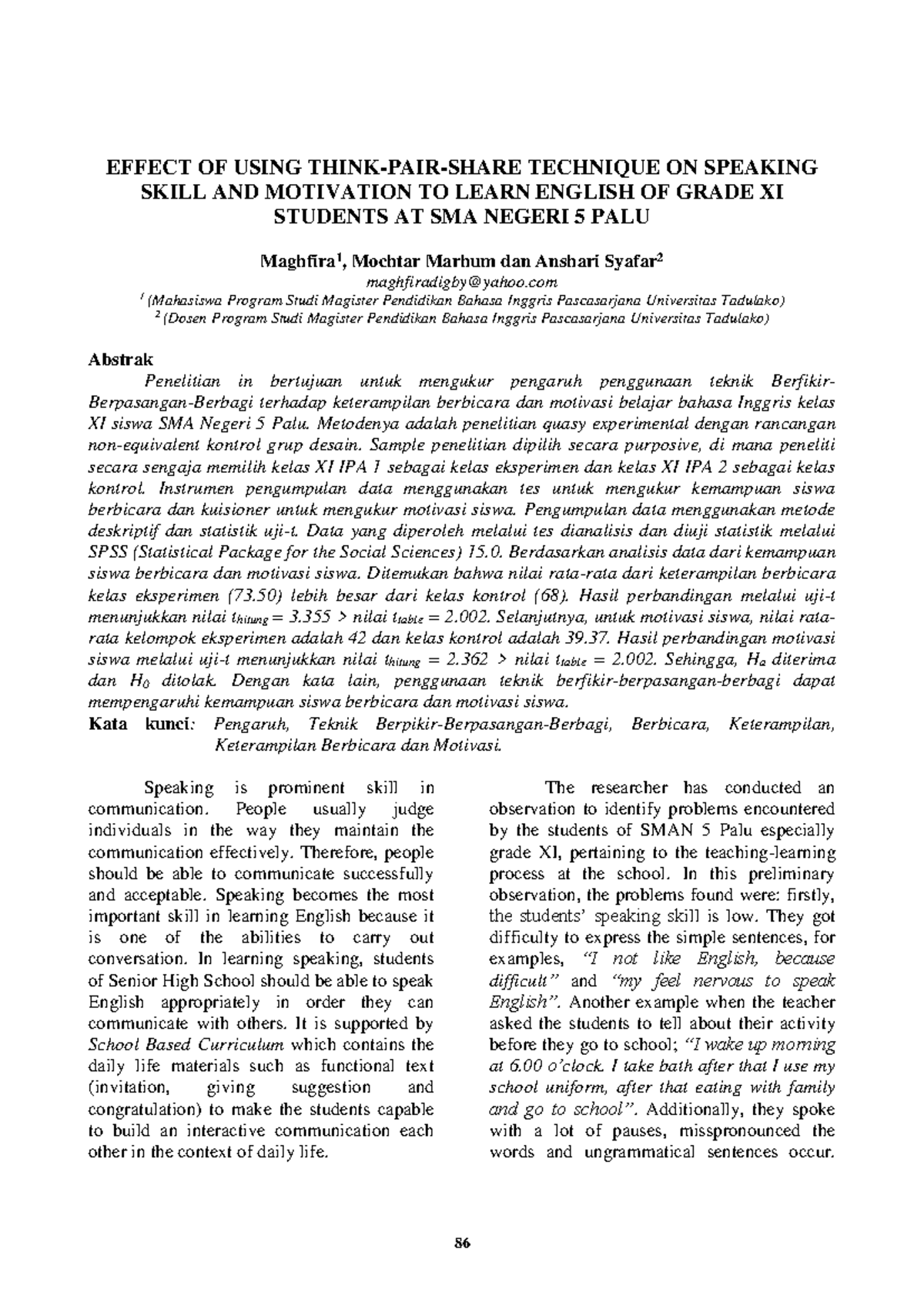 Effect OF Using Think-PAIR- Share Technique ON Speaking Skill AND ...