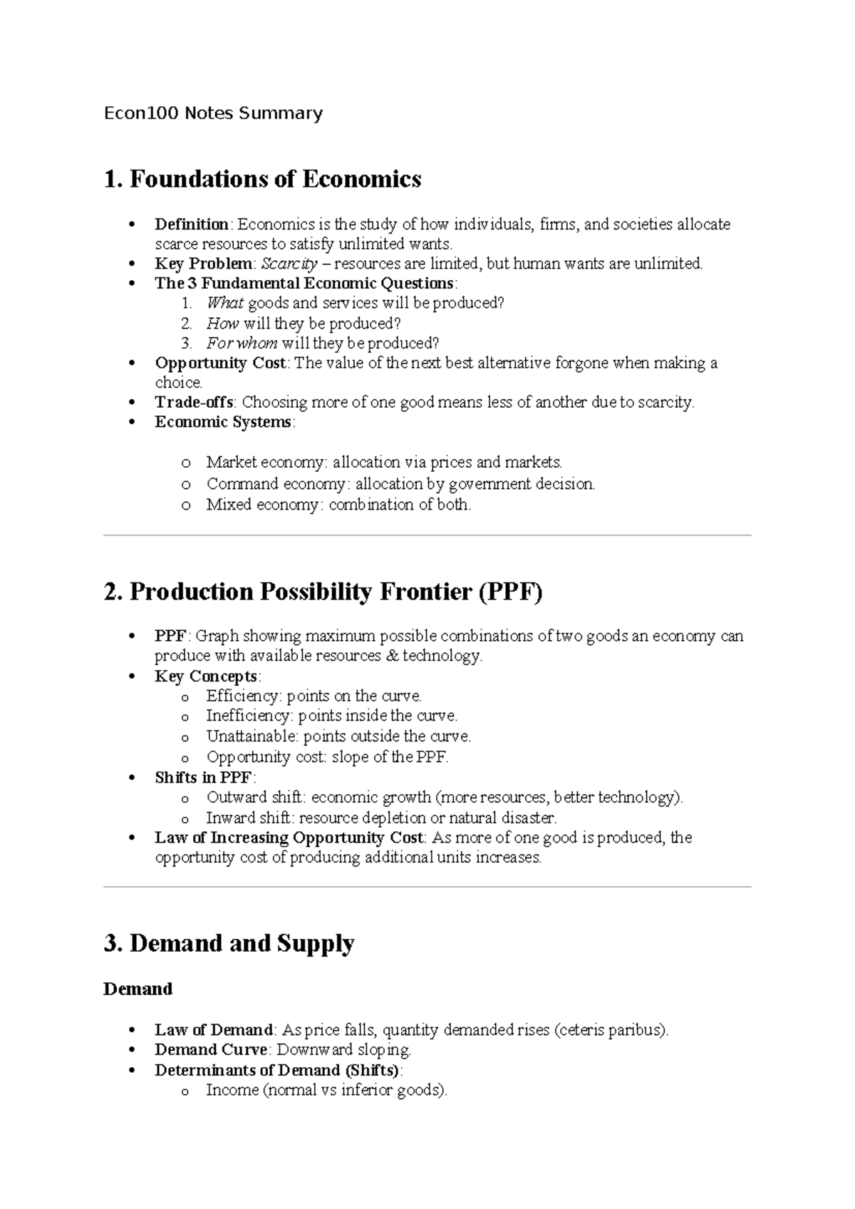 Econ100 Final Exam Notes: Foundations of Economics & Key Concepts - Studocu