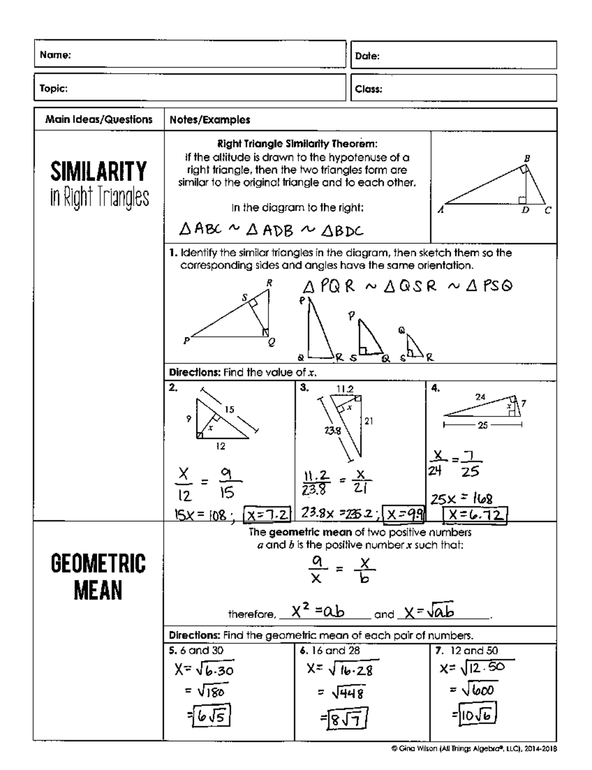 7.3 Right Triangle Similarity & Geometric Mean Notes - Studocu