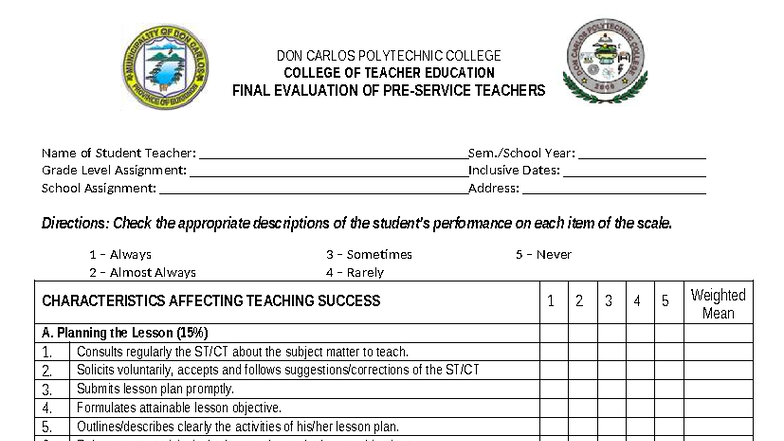 Evaluation Sheet for Field Study (FS) - Teacher Performance Assessment ...
